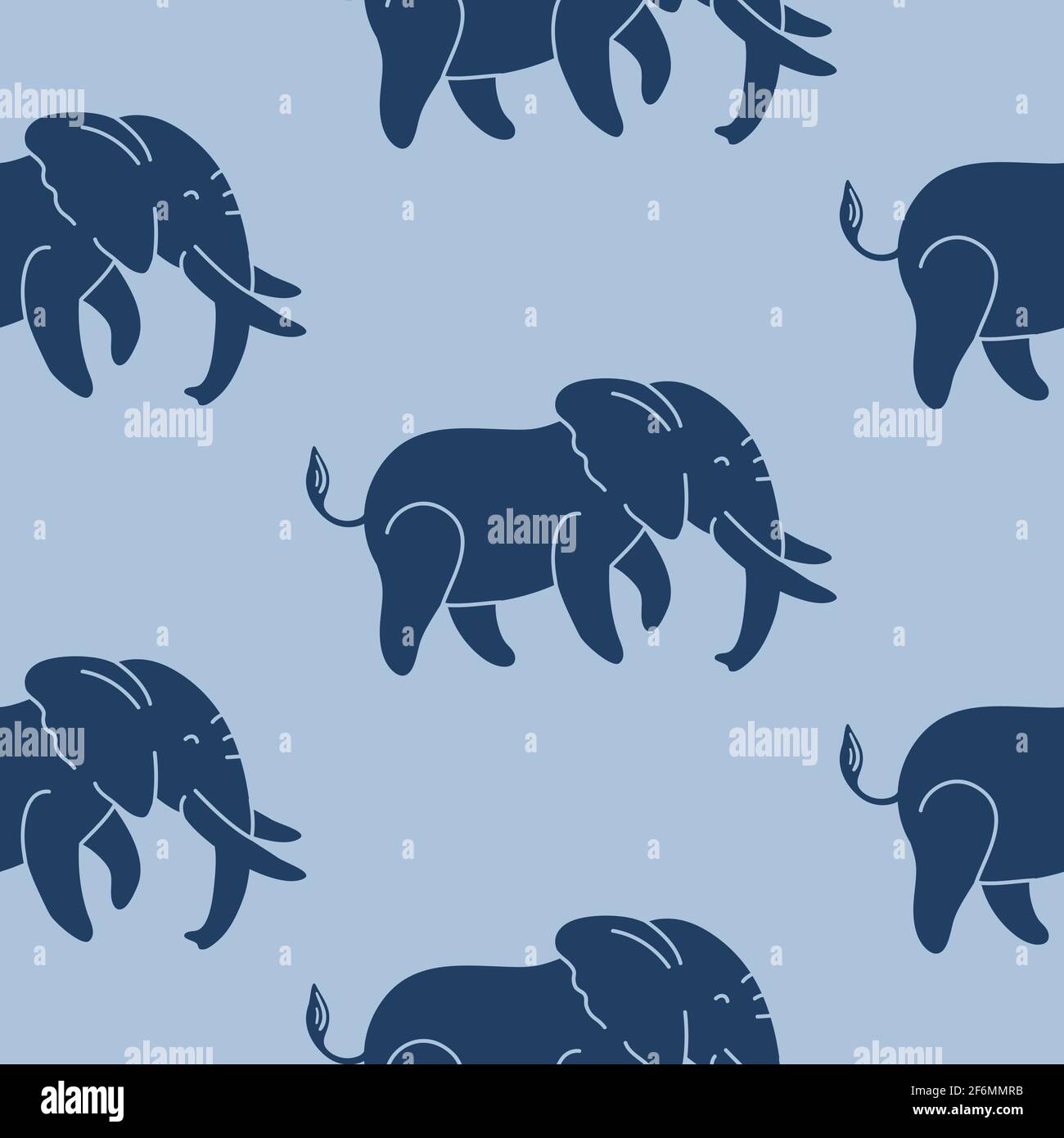 Dark blue elephants on a blue background seamless vector pattern. A ...