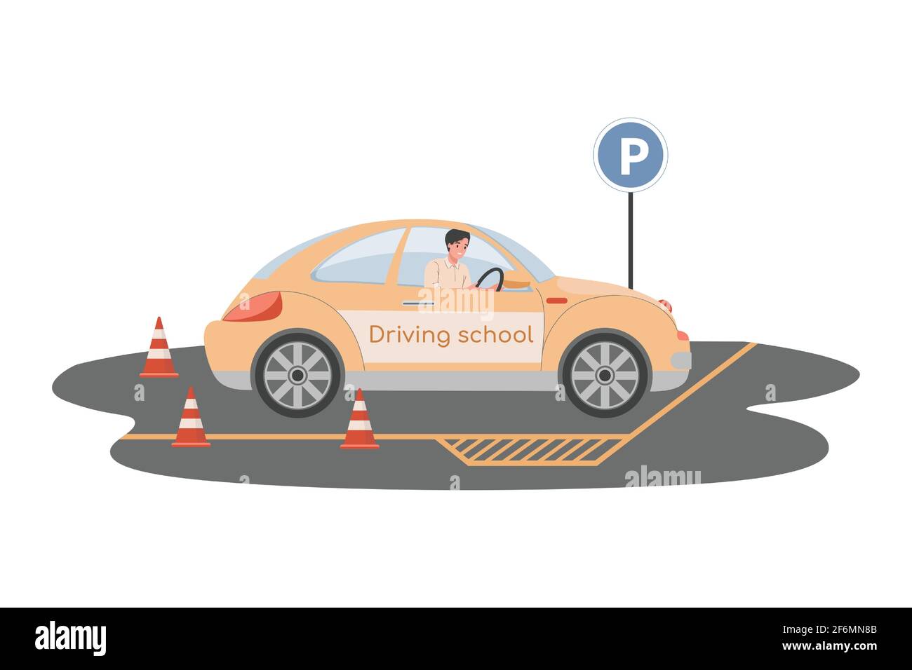 Driving school vector flat illustration. Happy smiling man driving ...