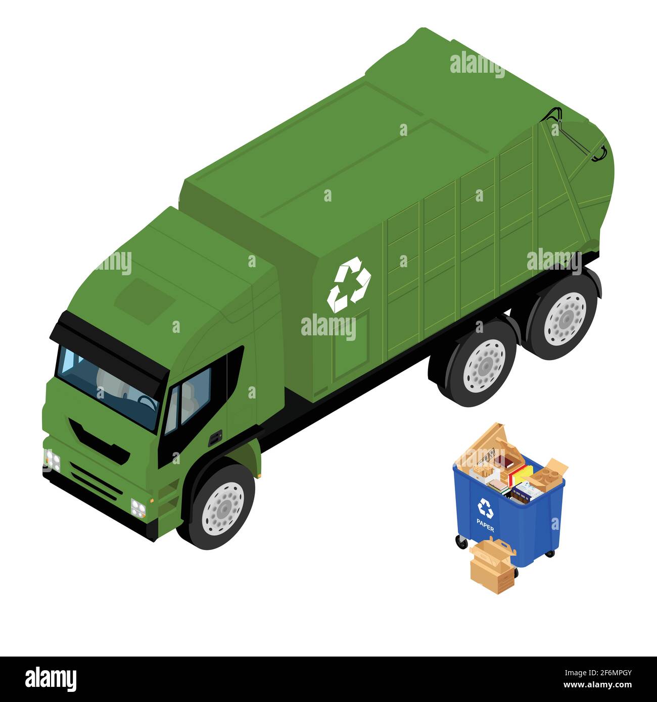 Trash, garbage can with sorted paper garbage and garbage truck ...