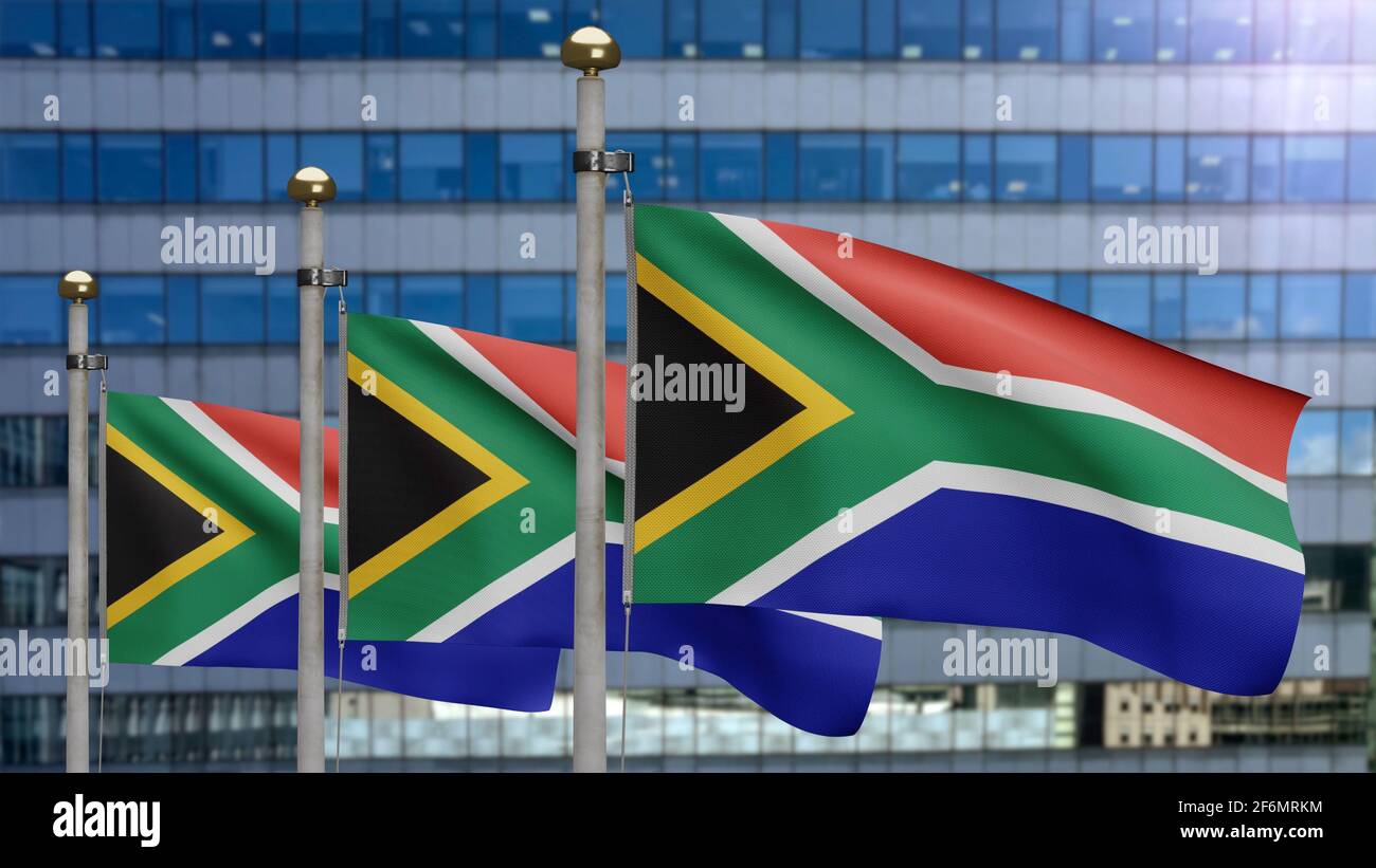 3D illustration African RSA flag waving in a modern skyscraper city ...