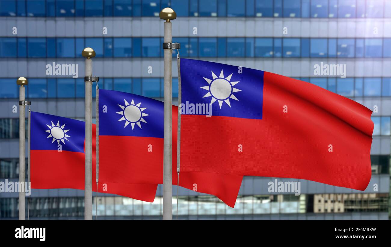 3D illustration Taiwanese flag waving in a modern skyscraper city ...