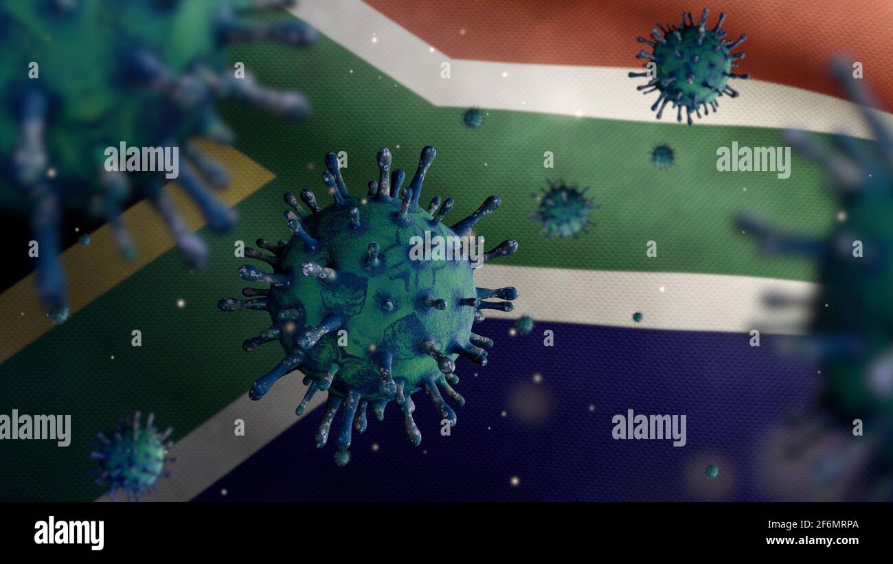3D illustration Flu coronavirus floating over African RSA flag. South ...