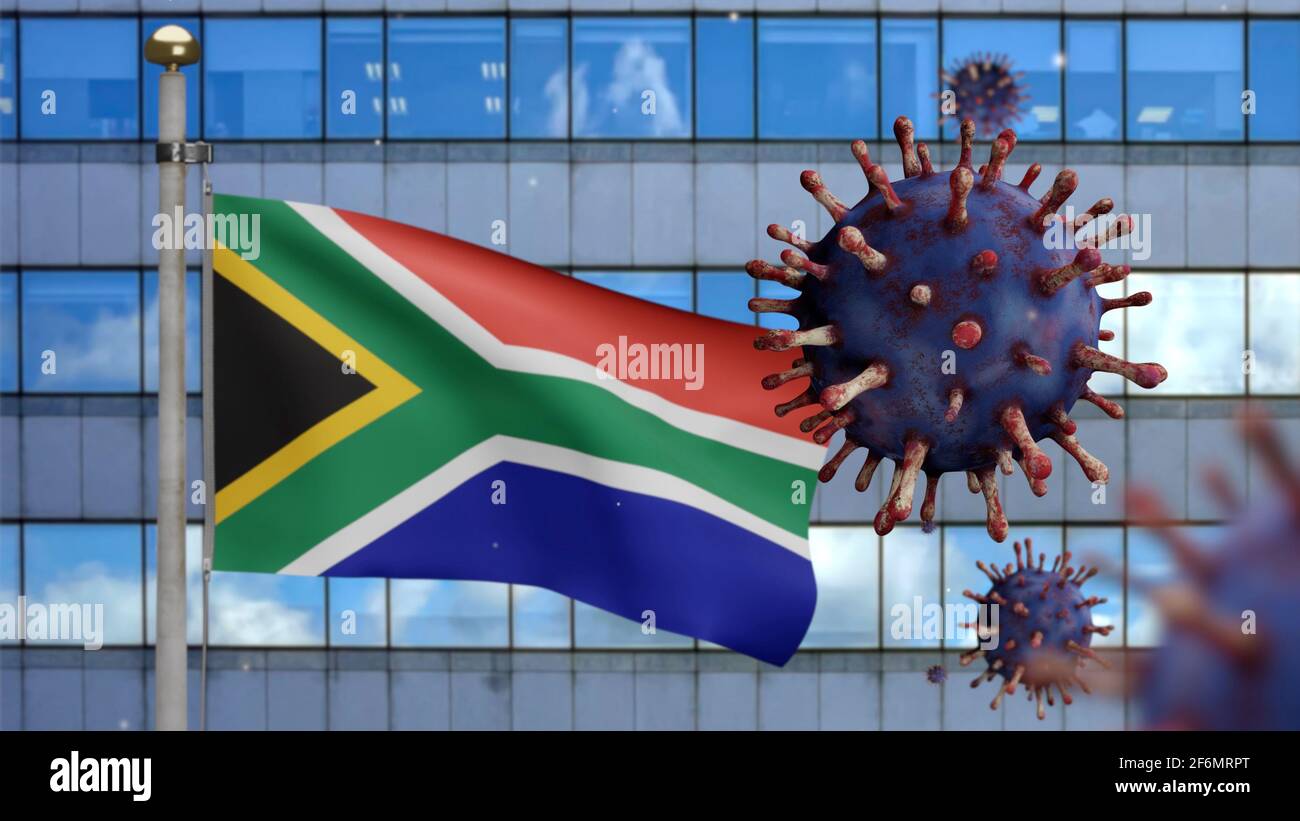 3D illustration African RSA flag waving on modern skyscraper city with ...