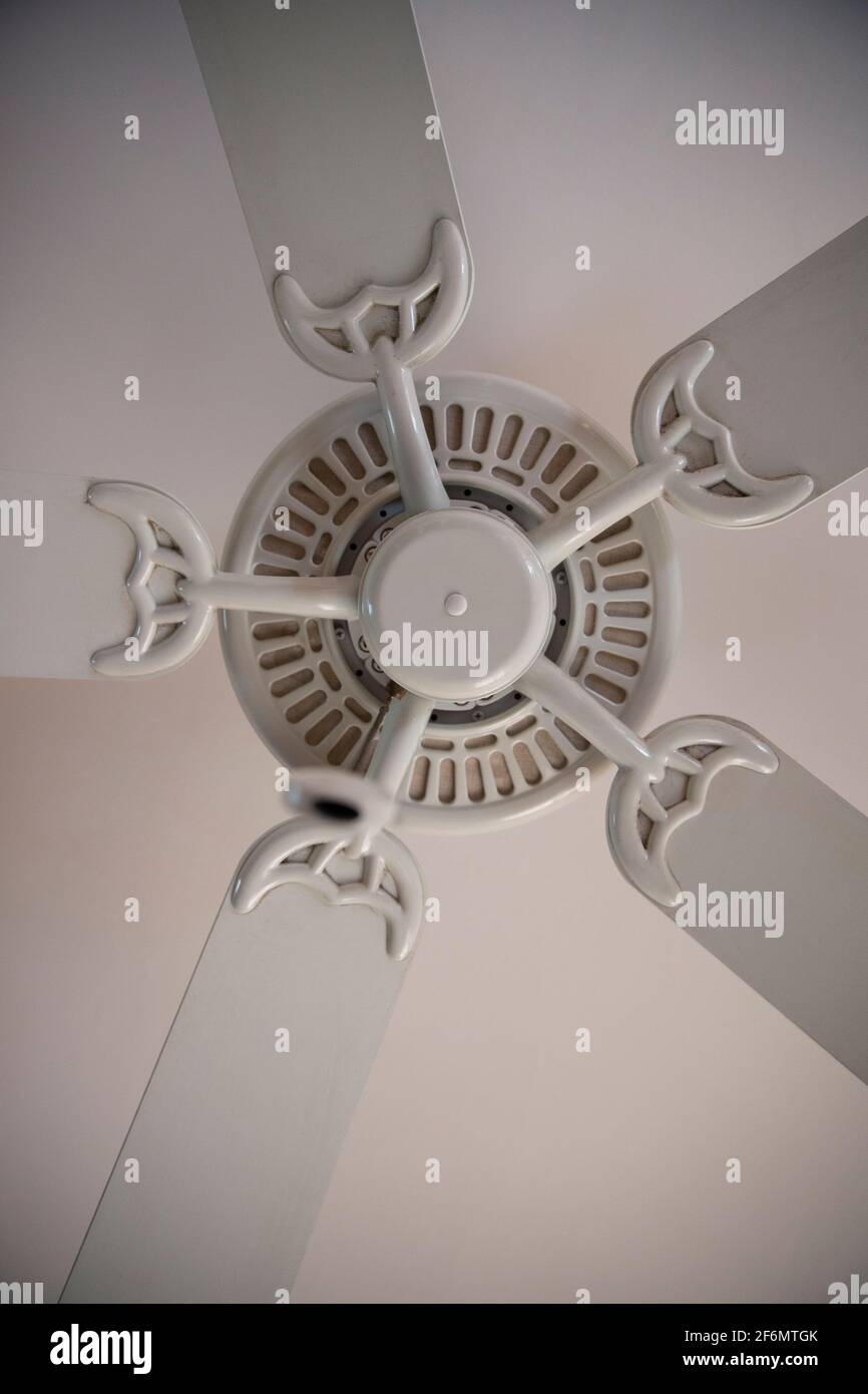 Low angle view of white ceiling fan with details. Close up of partial ...