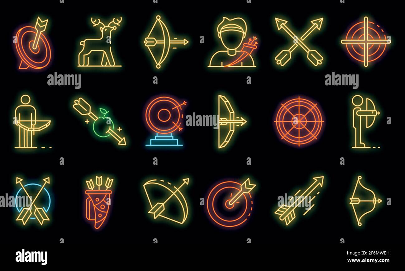 Archery icons set. Outline set of archery vector icons neon color on ...