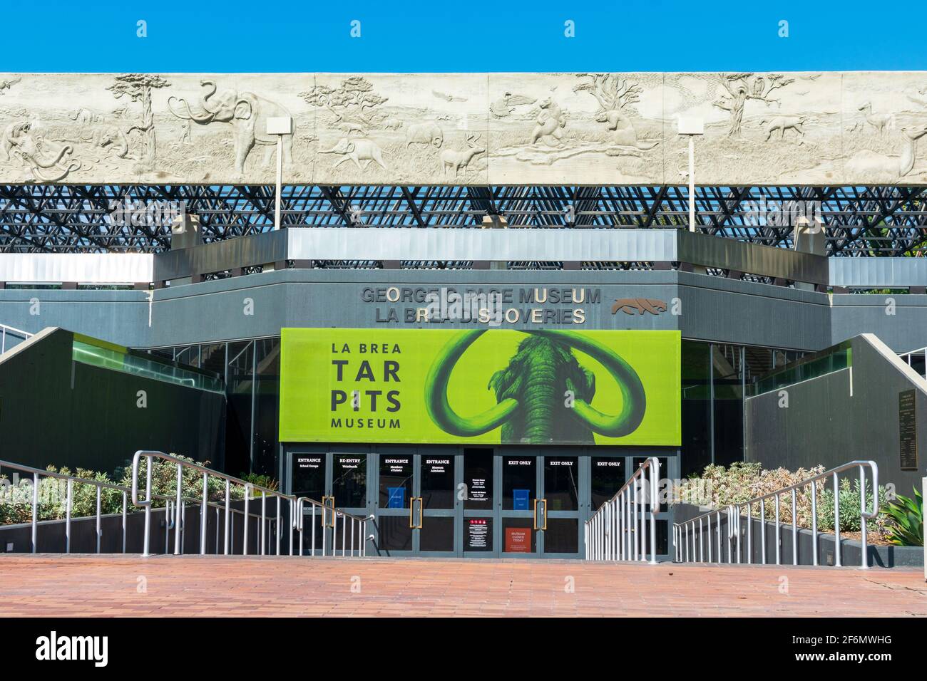 Empty entrance to La Brea Tar Pits museum. George C. Page museum facade ...