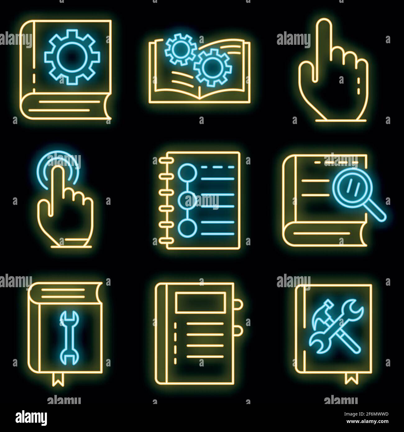 User guide icons set. Outline set of user guide vector icons neon color ...