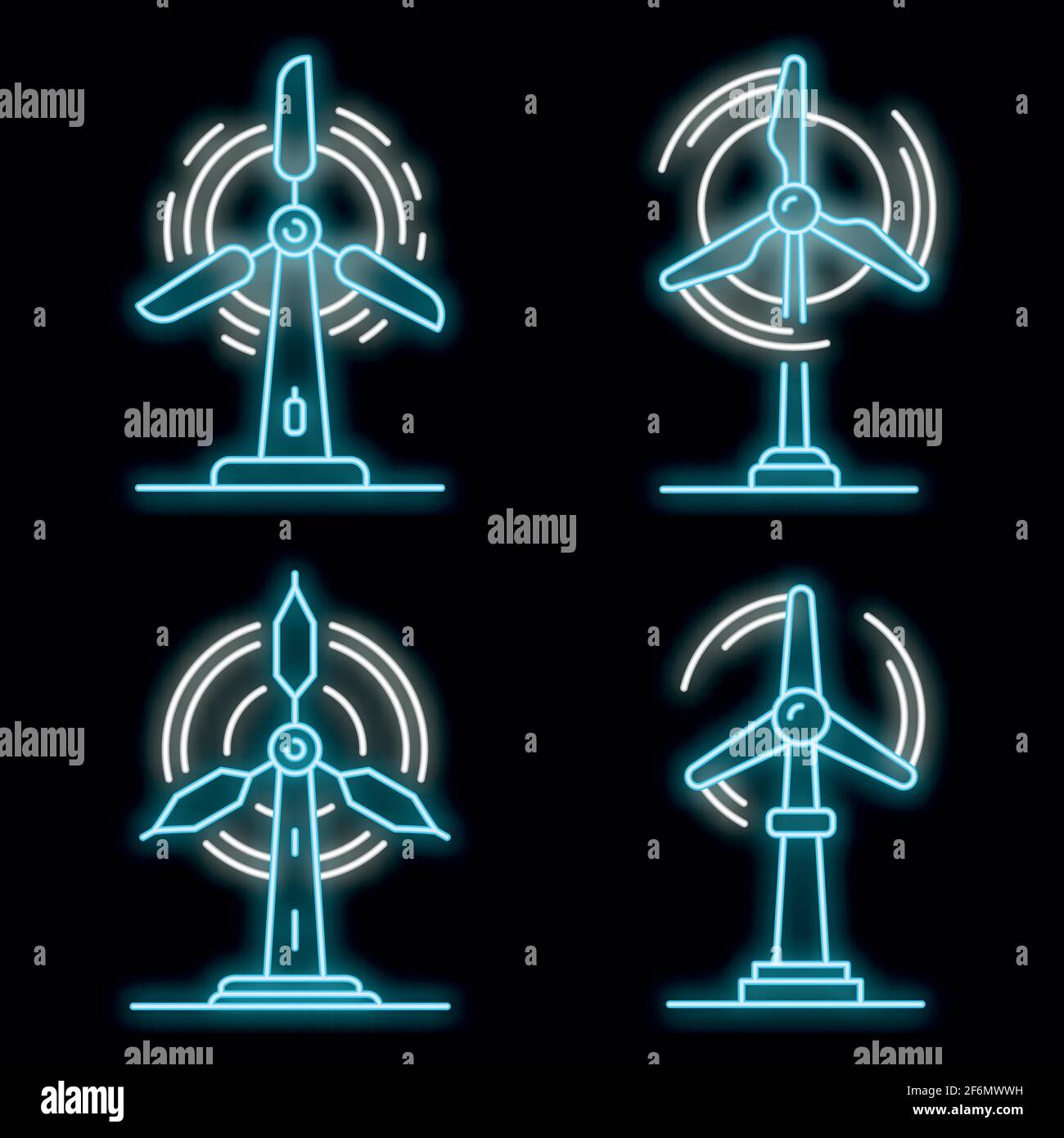 Wind turbine icons set. Outline set of wind turbine vector icons neon ...