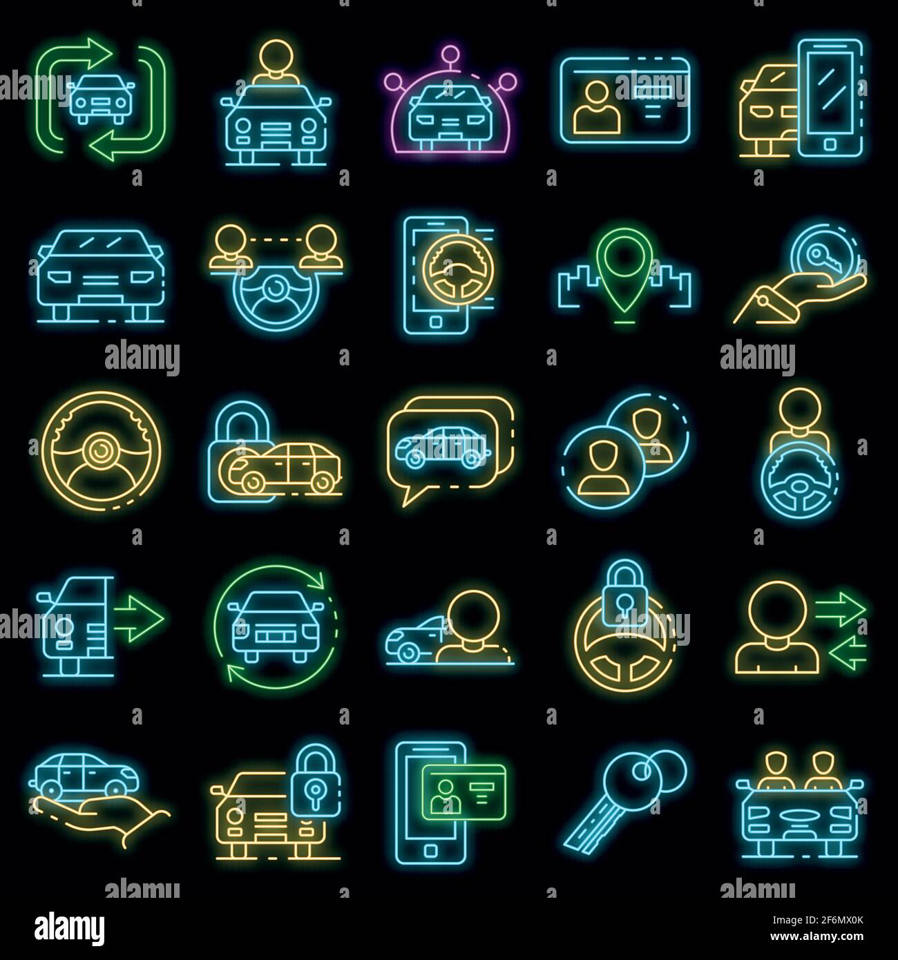 Car sharing icons set. Outline set of car sharing vector icons neon ...