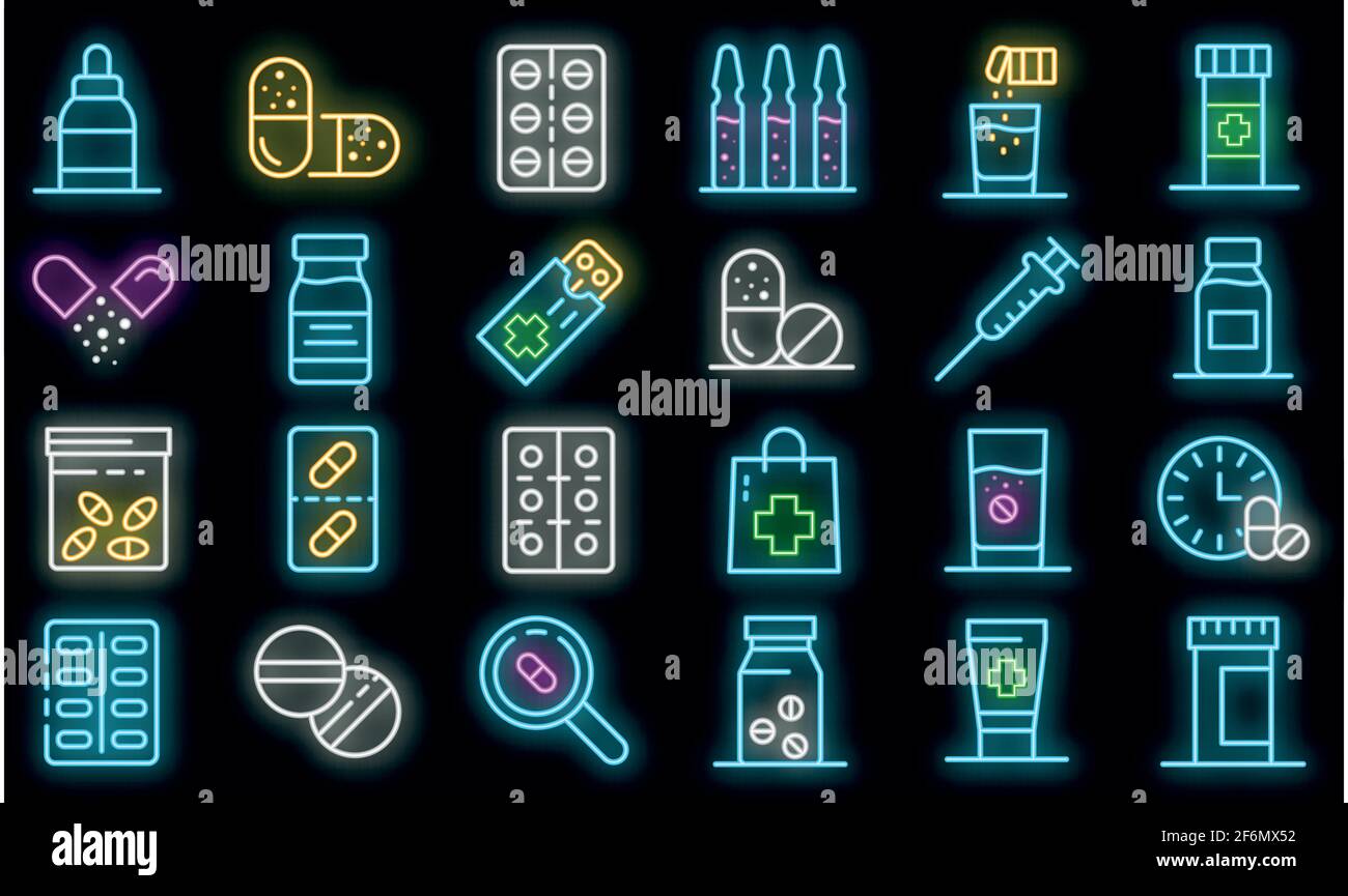 Antibiotic icons set. Outline set of antibiotic vector icons neon color ...