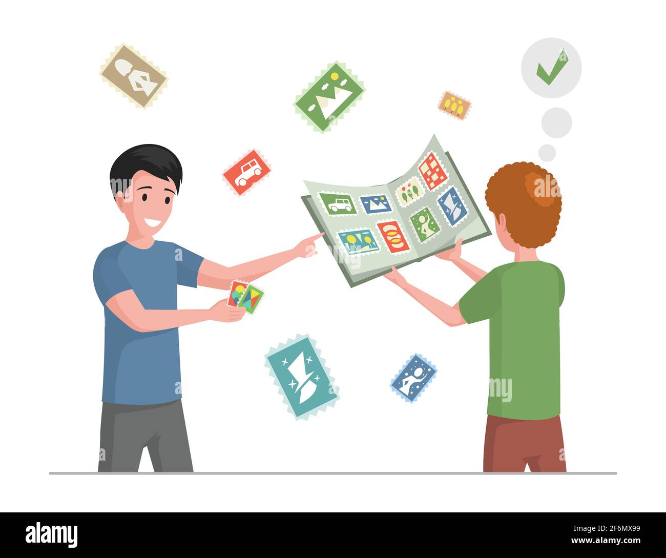 Happy smiling boys collecting postmarks vector flat illustration ...