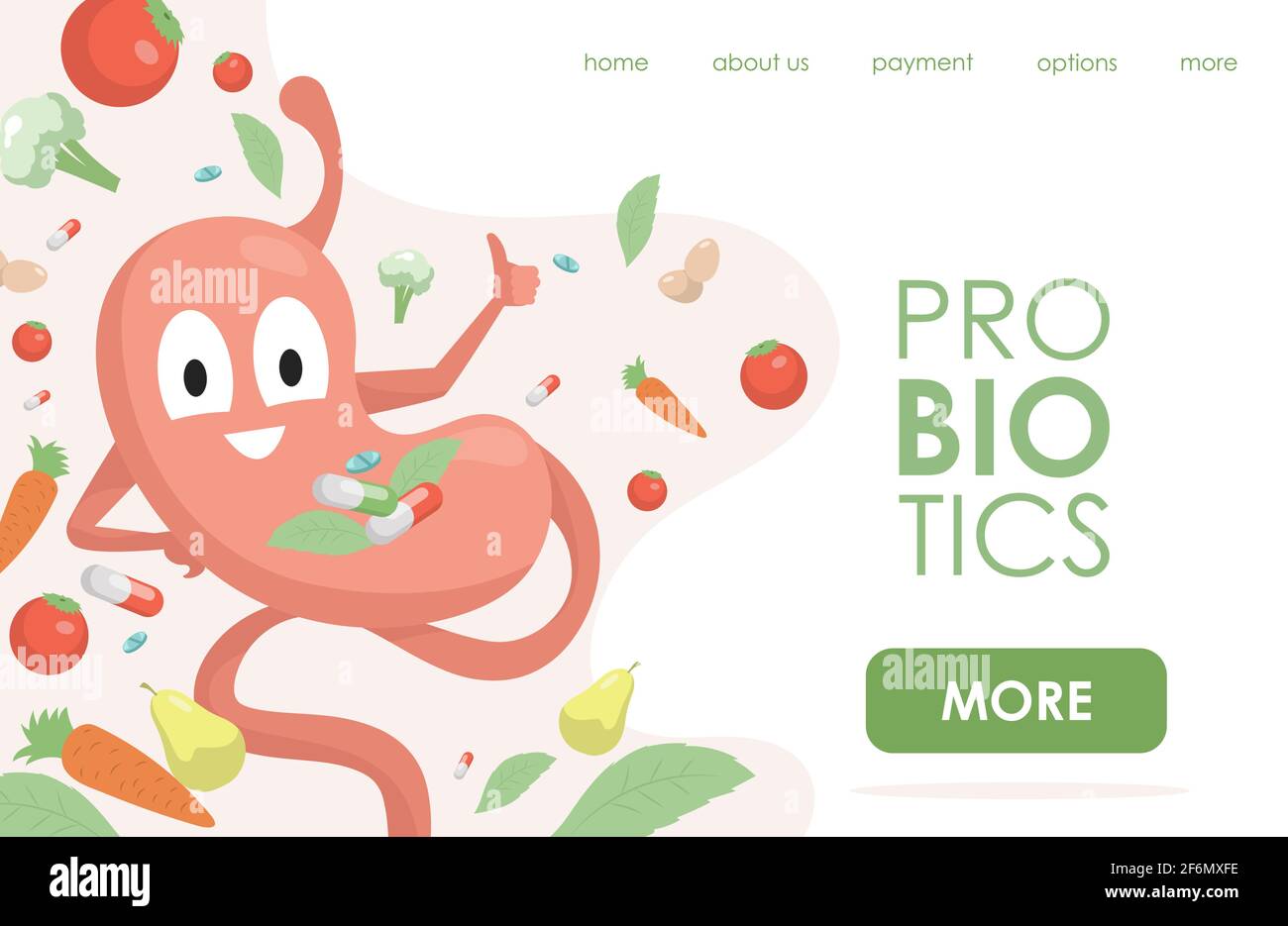 Probiotics vector flat landing page template with text space. Happy ...