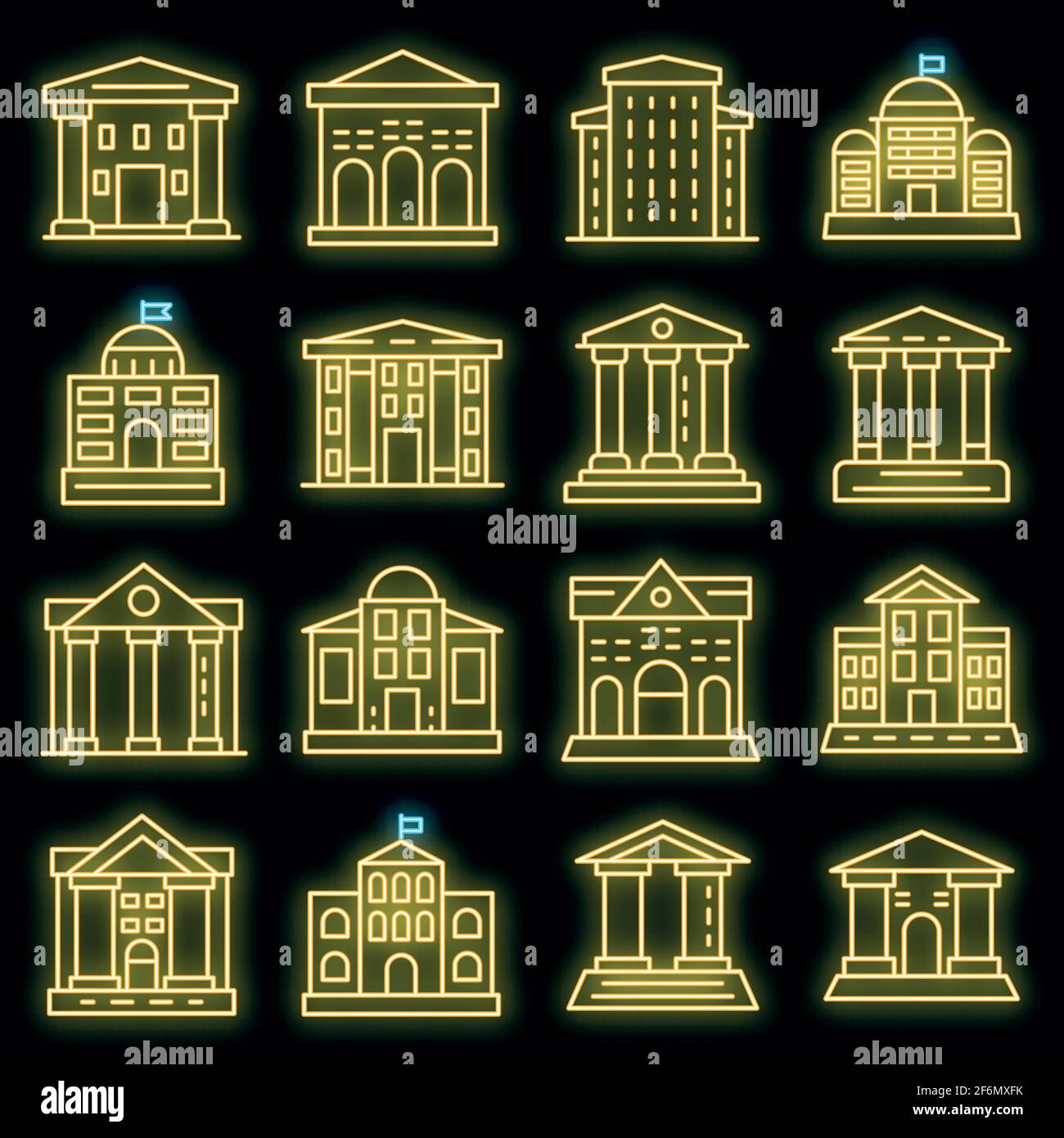 Courthouse icons set. Outline set of courthouse vector icons neon color ...
