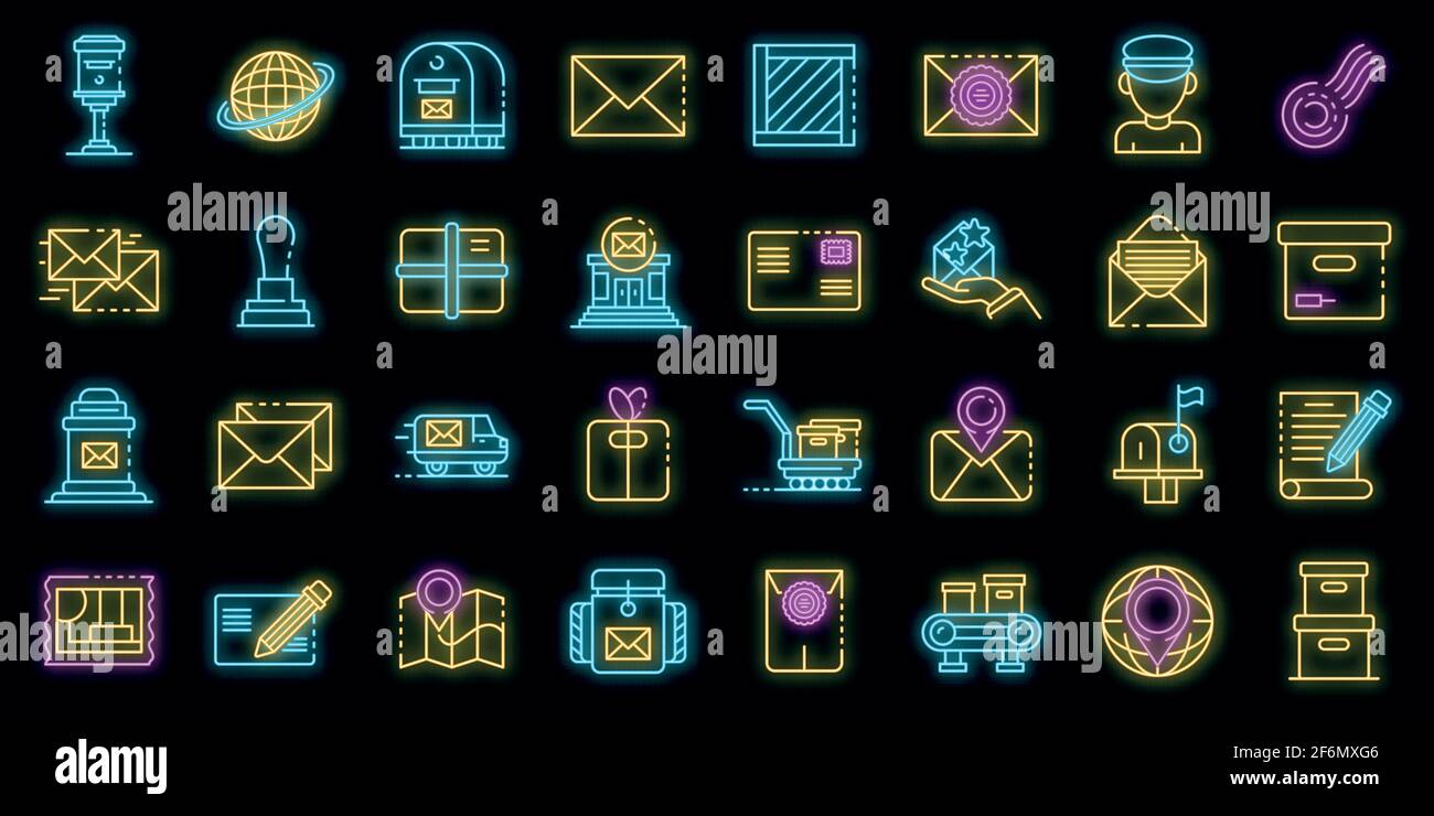 Postman icons set. Outline set of postman vector icons neon color on ...