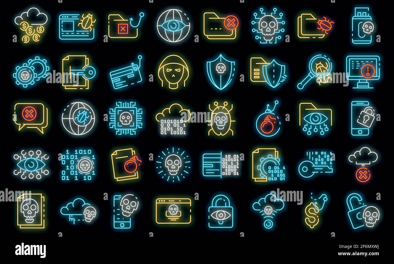 Cyber attack icons set. Outline set of cyber attack vector icons neon color on black Stock ...