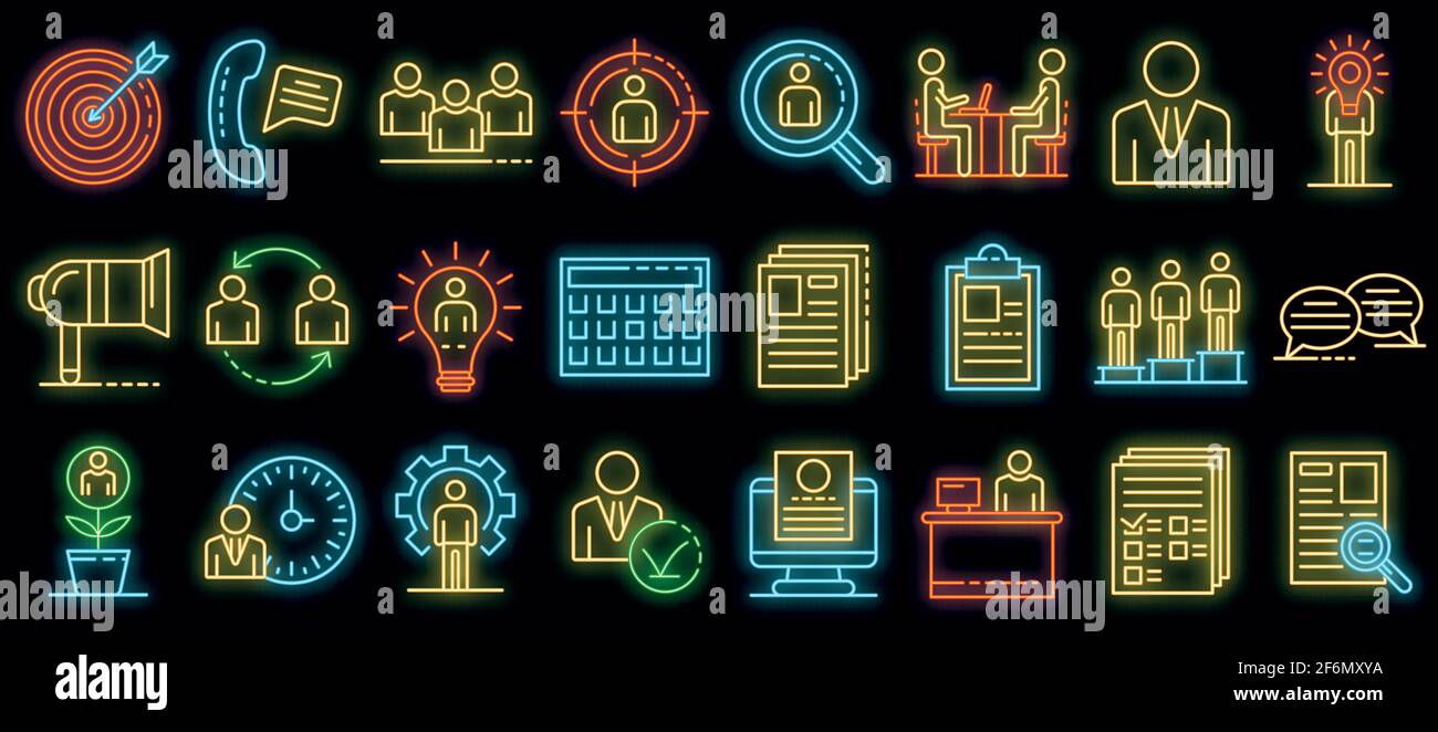 Recruitment icons set. Outline set of recruitment vector icons neon ...