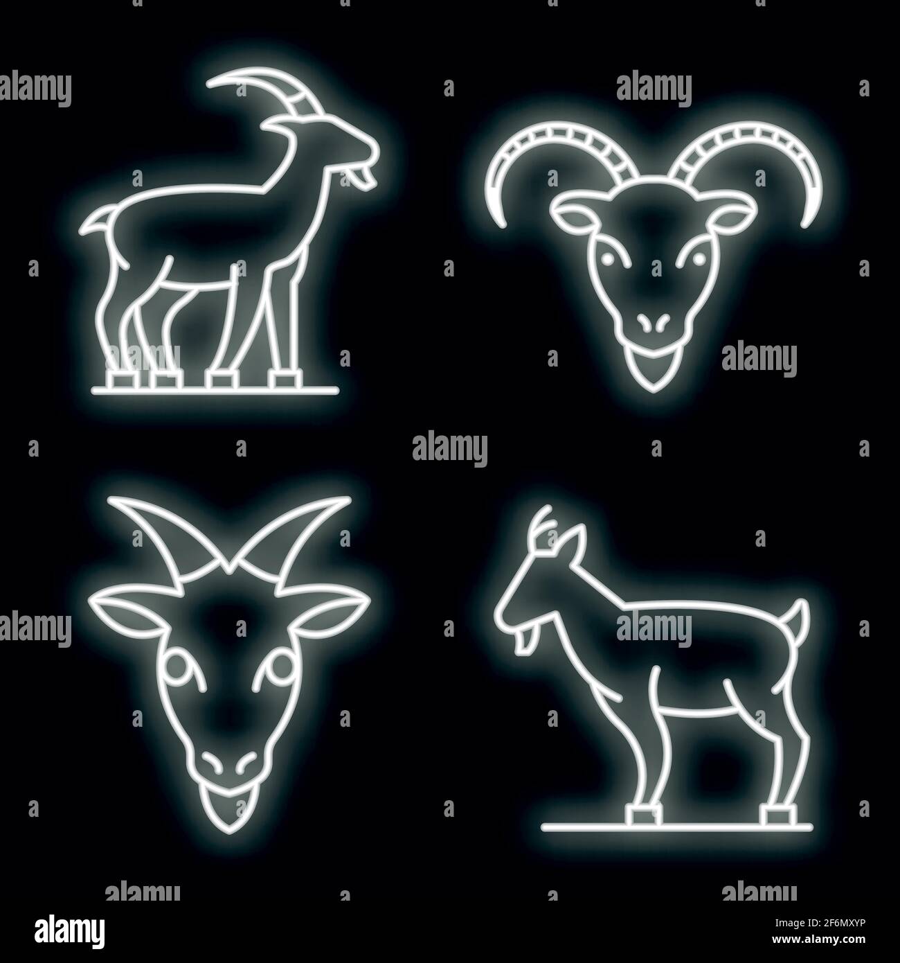 Goat icons set. Outline set of goat vector icons neon color on black ...