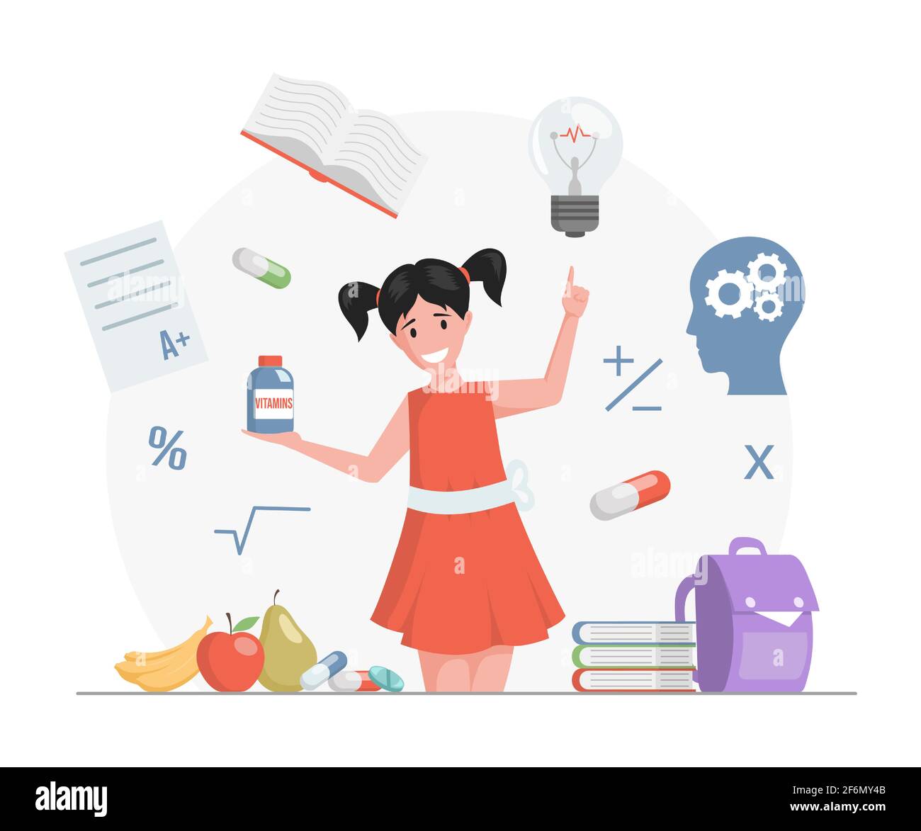 Happy girl in red dress holding plastic bottle with vitamins vector ...
