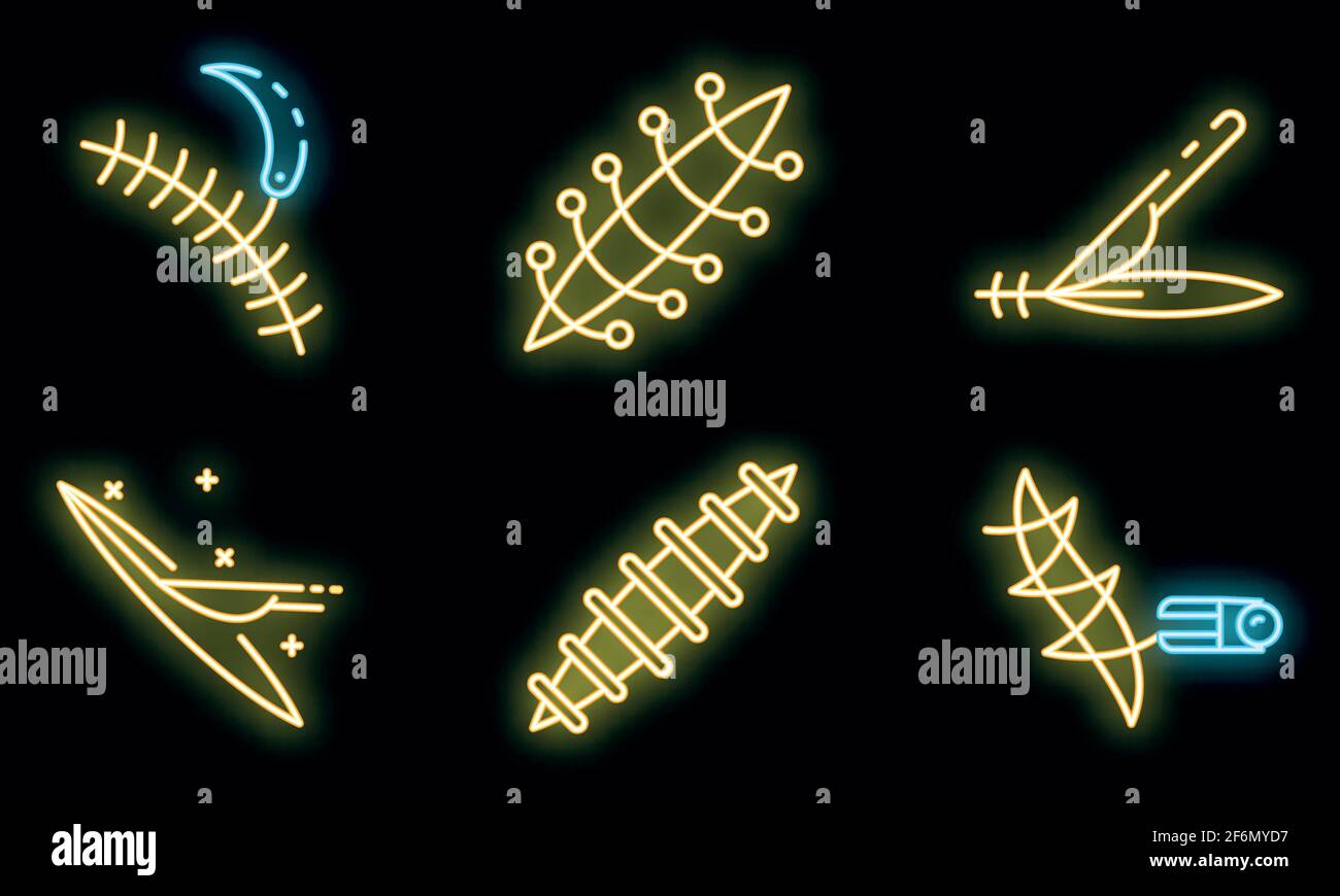 Suture icons set. Outline set of suture vector icons neon color on ...