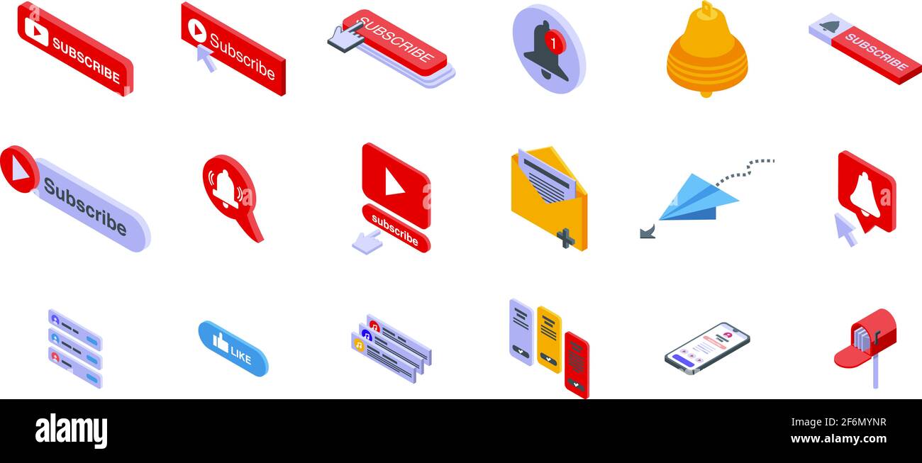Subscribe icons set. Isometric set of subscribe vector icons for web ...