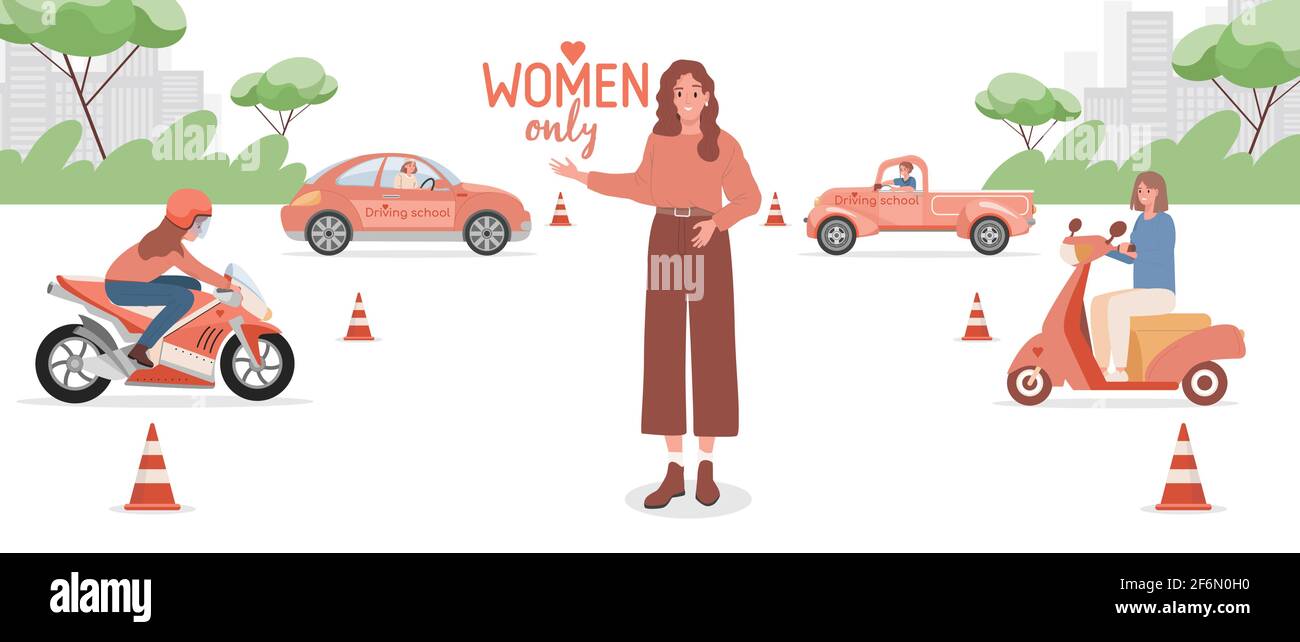 Driving school for women only vector flat banner design with text space ...