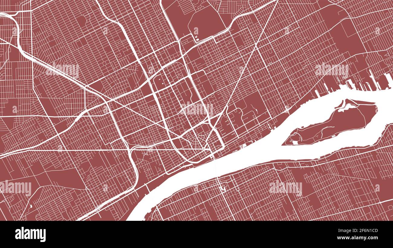 Red and white vector background map, Detroit city area streets and ...
