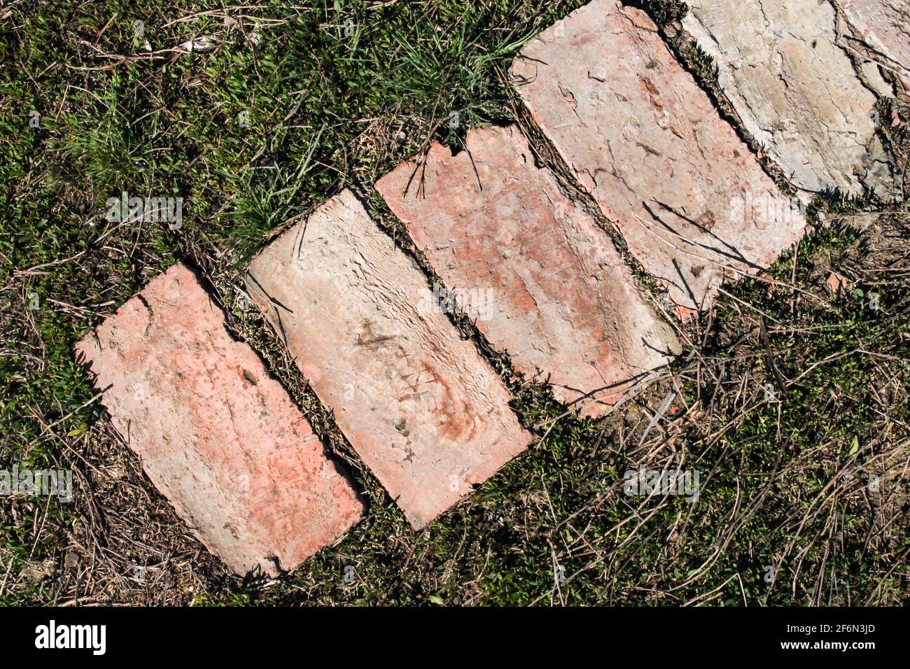 Brick path. Brick trail. The red brick lies on the ground Stock Photo ...