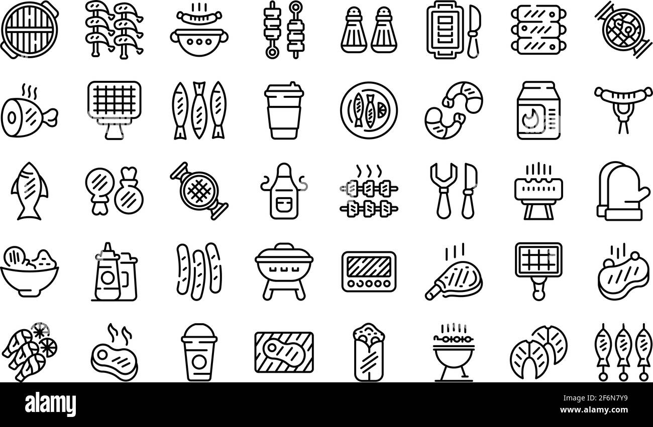 Grilled food icons set. Outline set of grilled food vector icons for ...