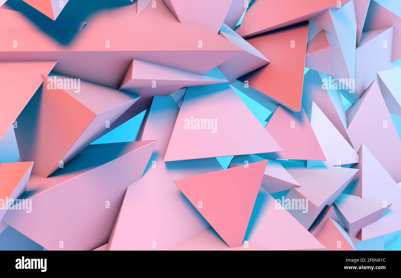 Abstract background with 3D shapes flying in pink and blue light as a ...