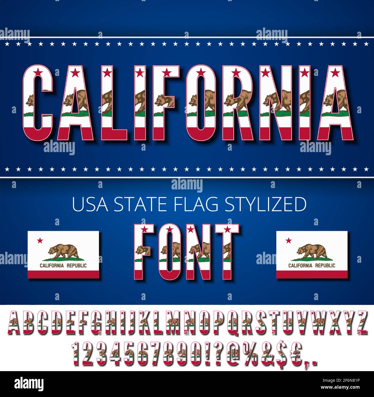 California USA state flag font. Alphabet, numbers and symbols stylized ...