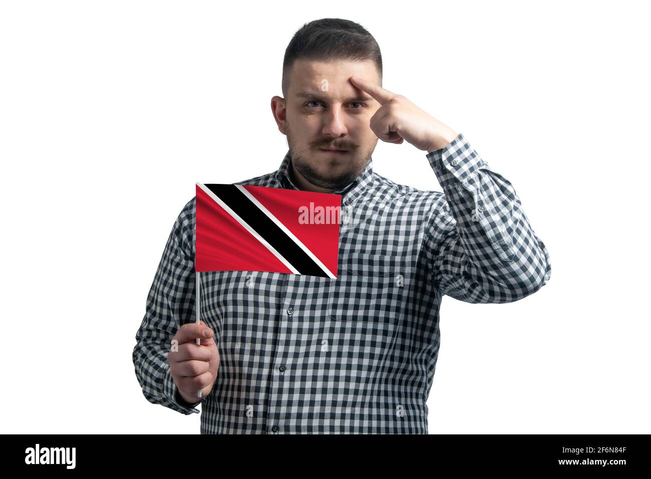 White guy holding a flag of Trinidad and Tobago and a finger touches ...
