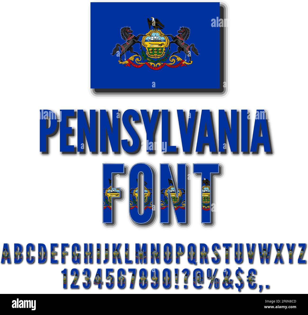 Pennsylvania USA state flag font. Numbers and symbols stylized by state ...