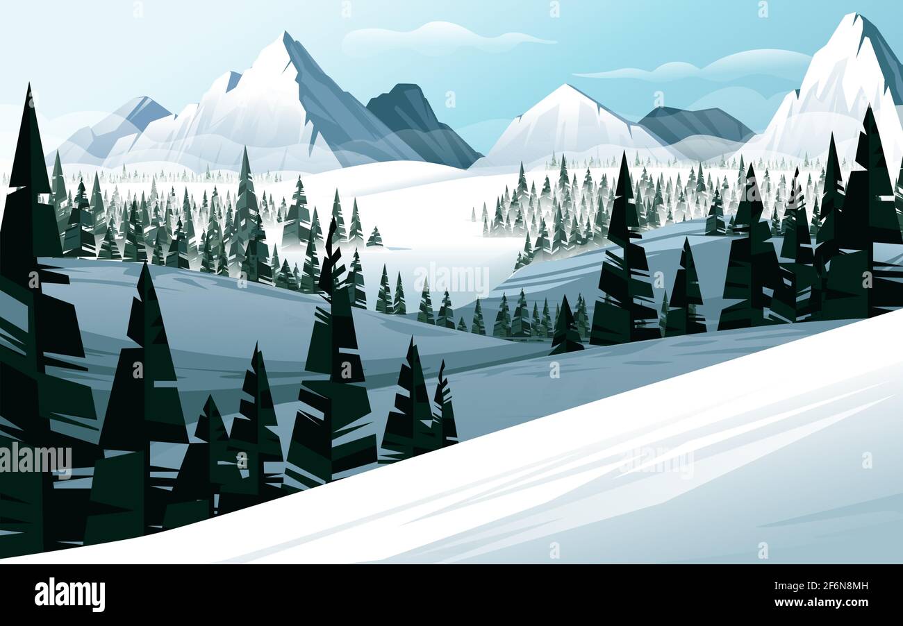 Horizontal winter mountain landscape with fir forest and show mountains ...