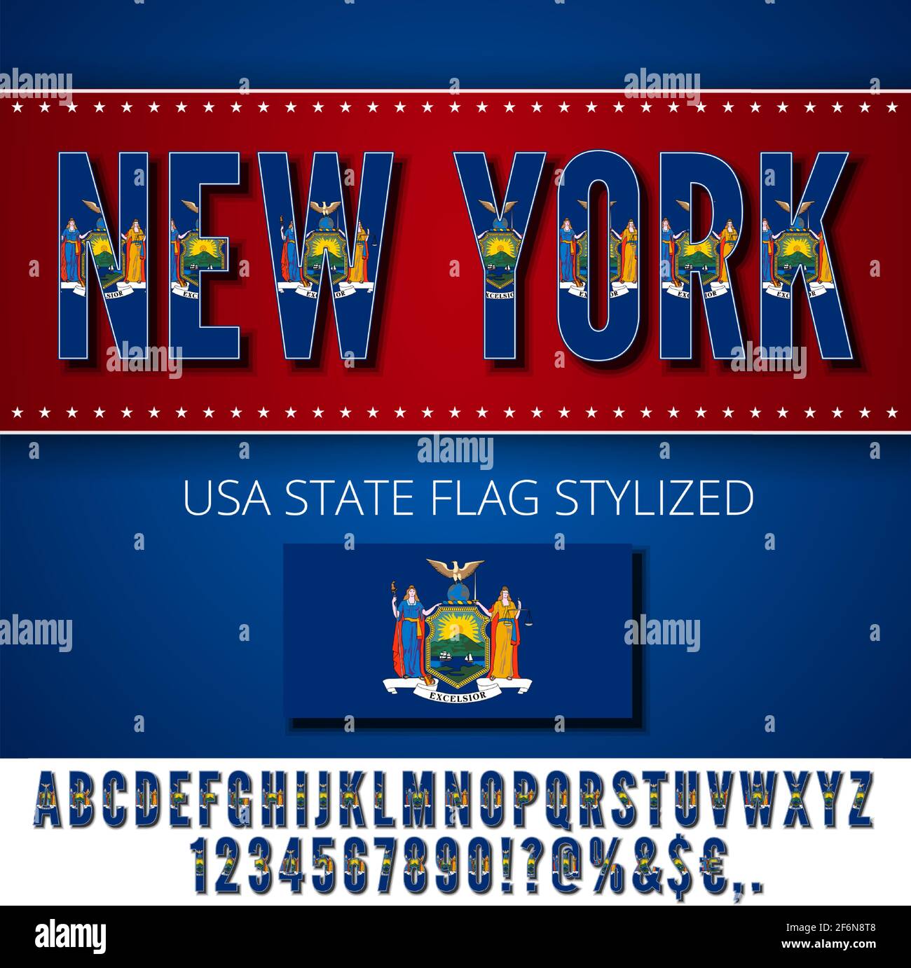 New York USA state flag font. Alphabet characters stylised by state ...
