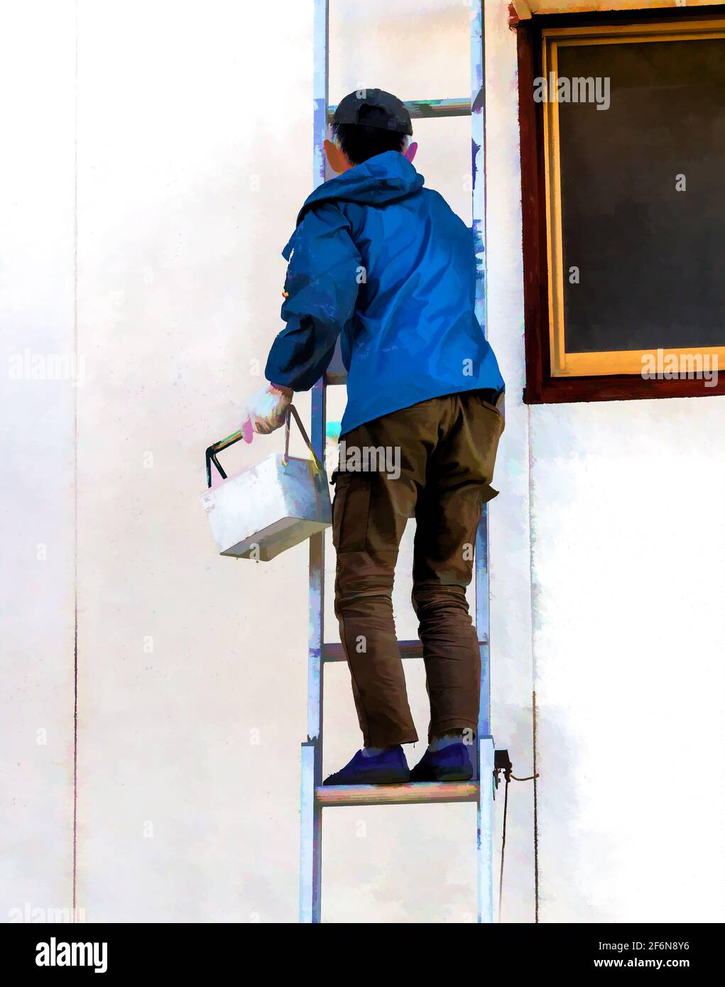 A senior citizen does an elegant balancing act on an aluminum ladder ...