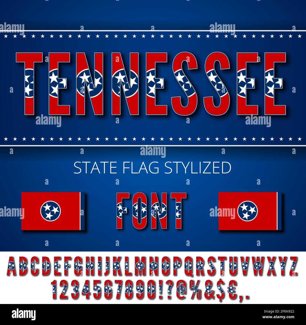 Tennessee USA state flag font. Alphabet, numbers and symbols stylized ...