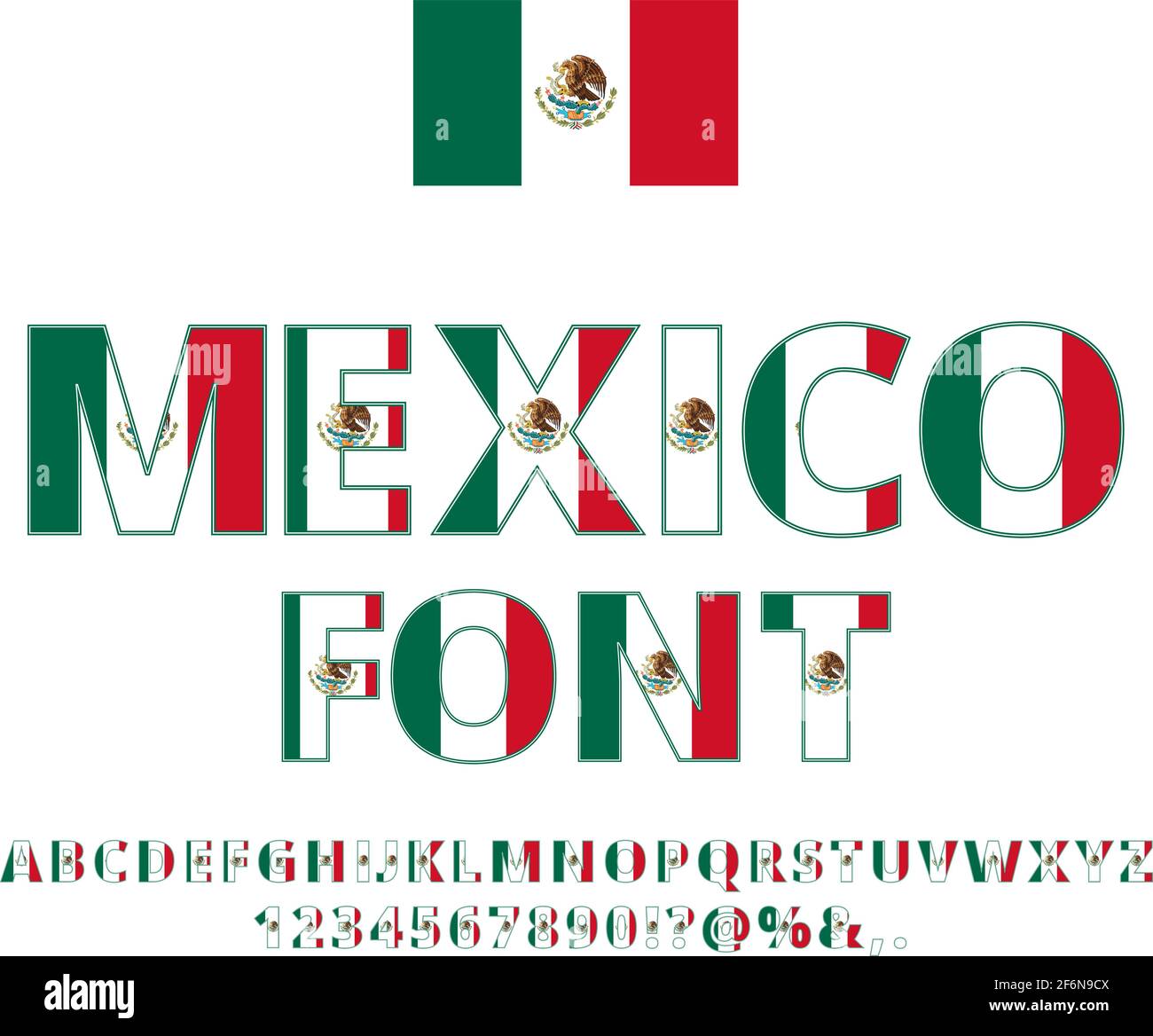 Mexico national flag flat stylized font. Alphabet and Numbers in Vector ...