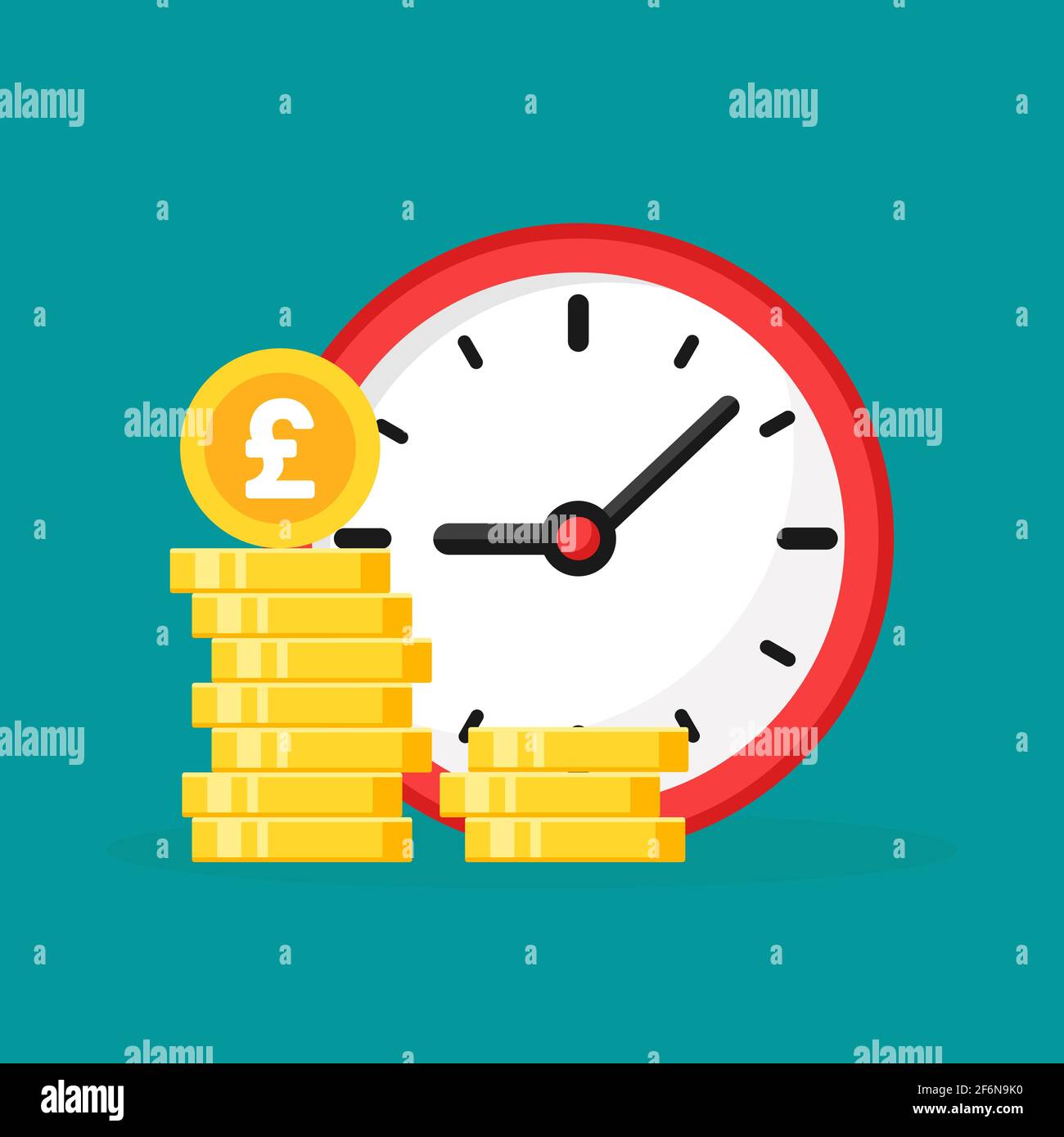Time is money. Golden pound sterling coins stack with red clock on ...