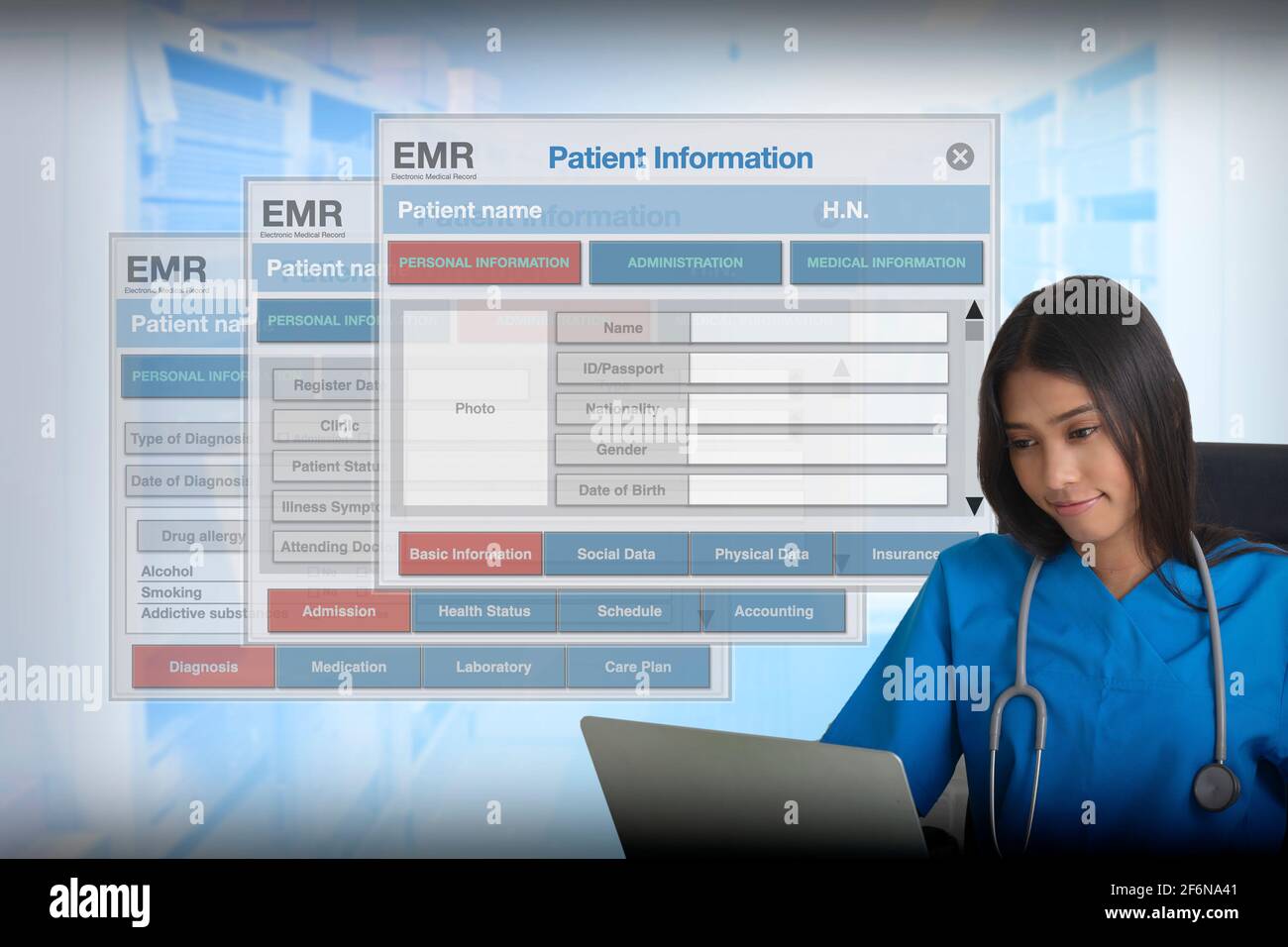 Female doctor working on electronic medical record application with ...