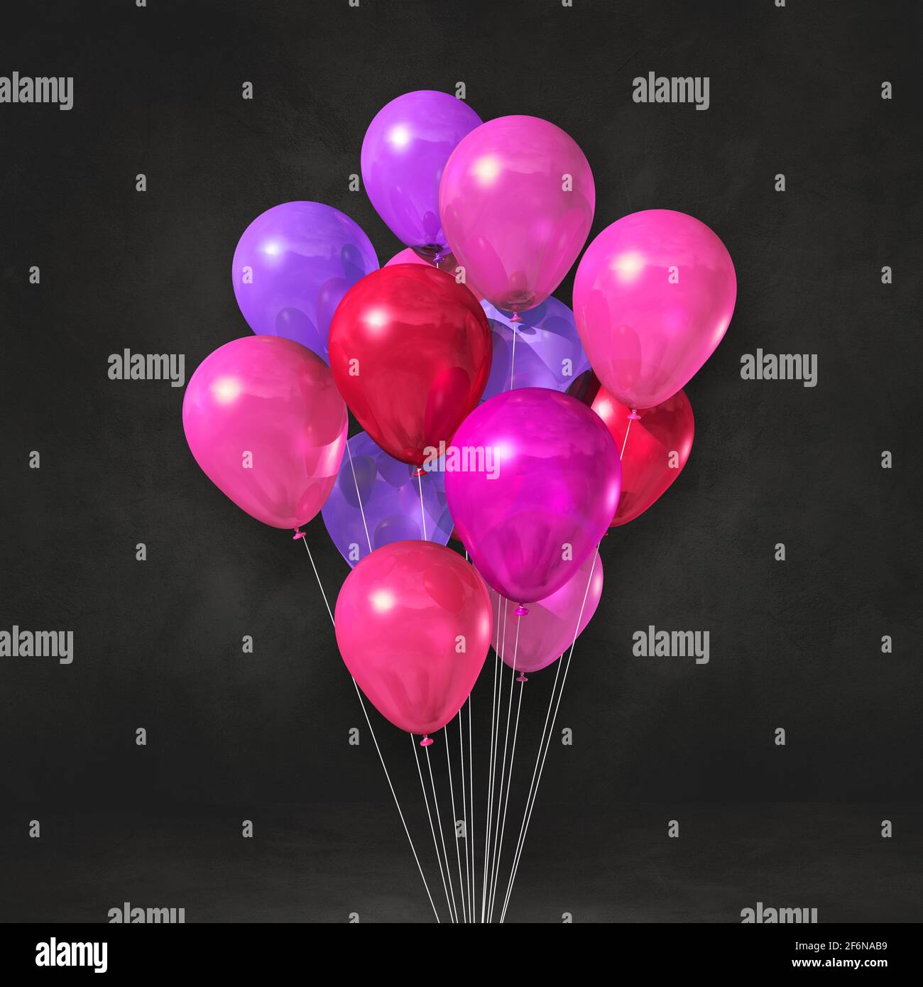 Pink balloons bunch on a black wall background. 3D illustration render ...