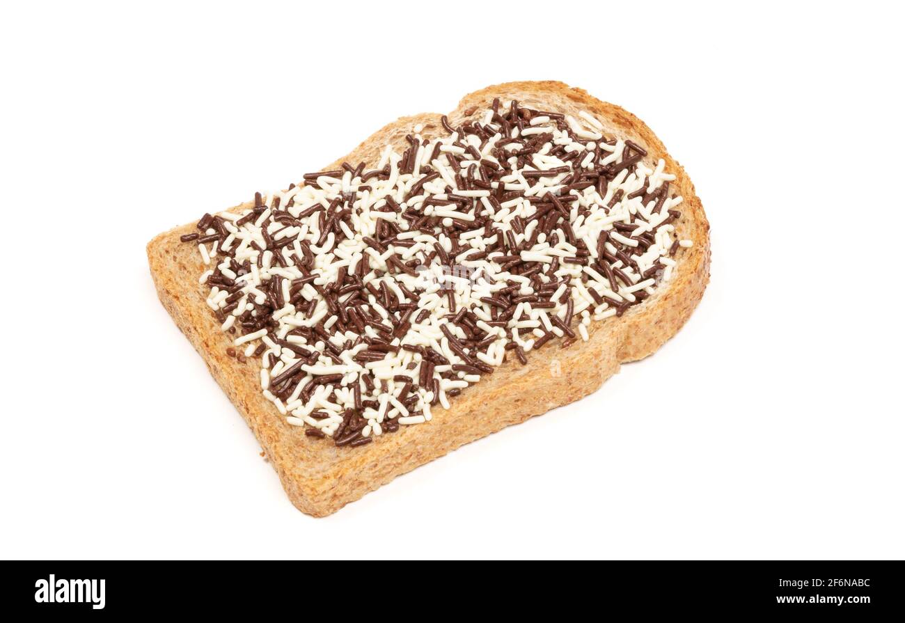 Typical dutch lunch; bread with chocolate sprinkles (hagelslag ...