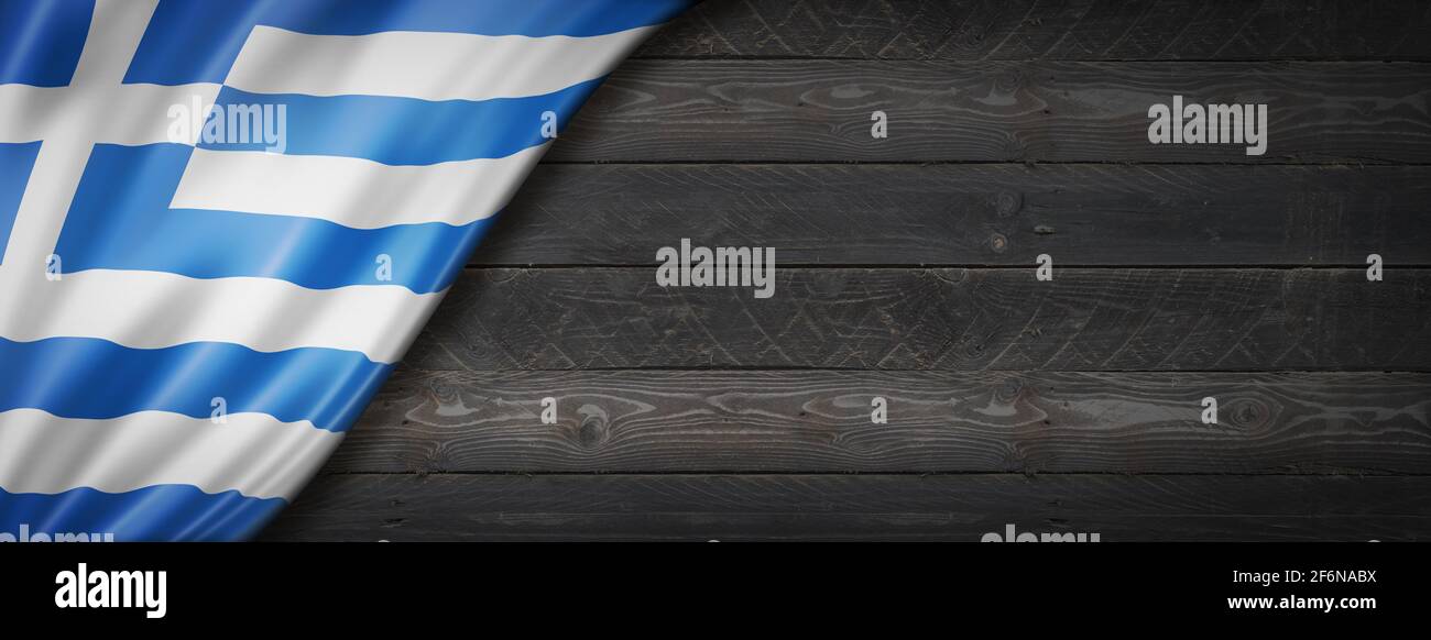 Greece flag on black wood wall. Horizontal panoramic banner Stock Photo ...