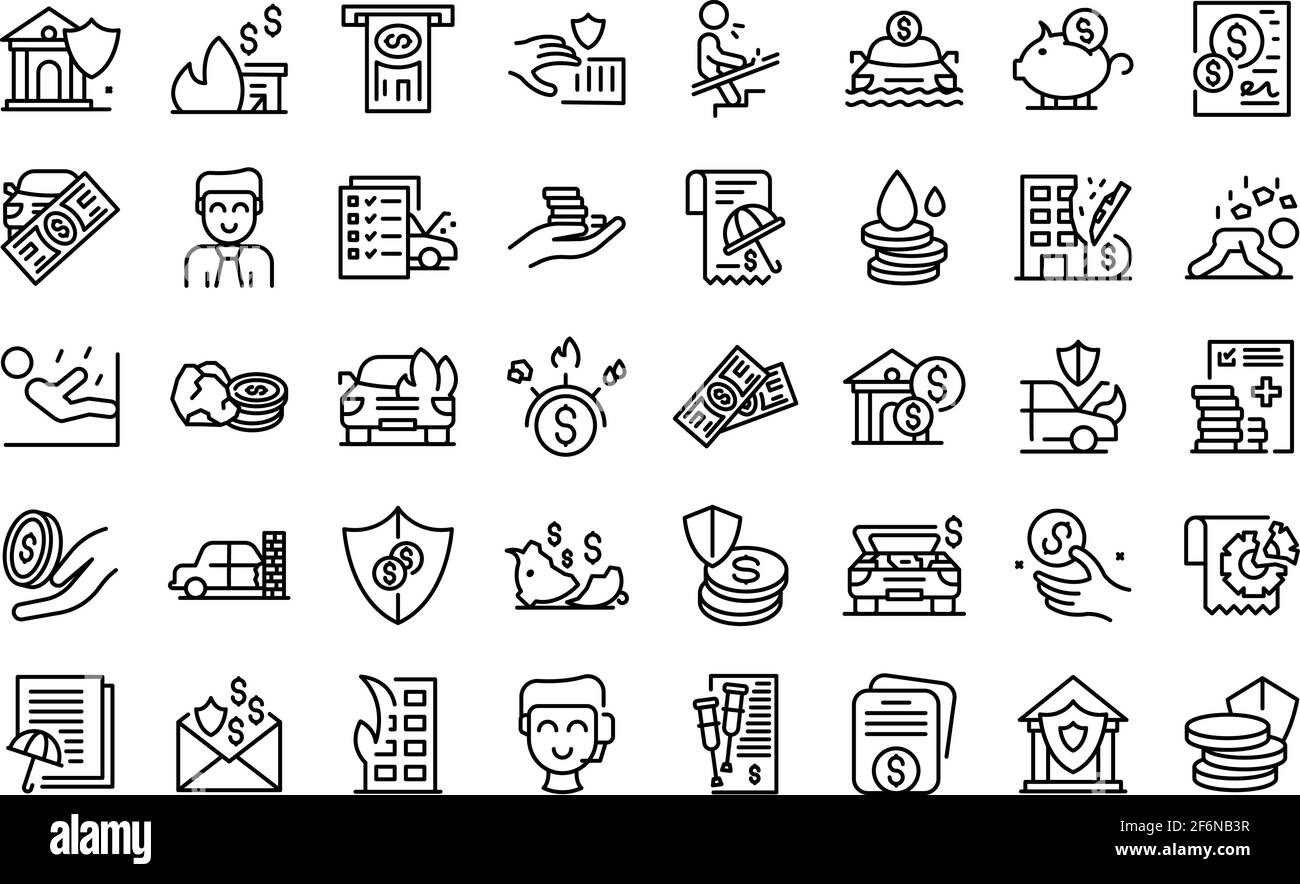 Compensation icons set. Outline set of compensation vector icons for ...