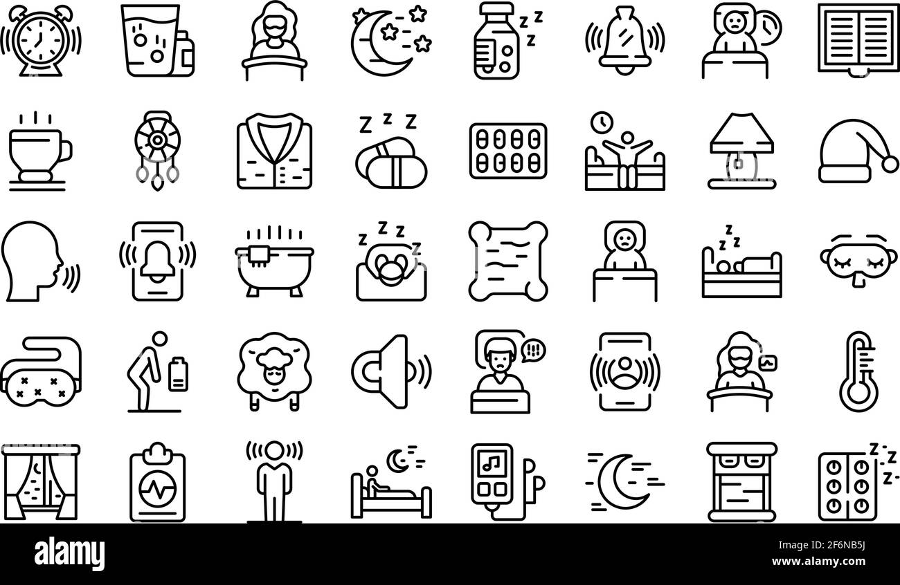 Sleep problems icons set. Outline set of sleep problems vector icons ...