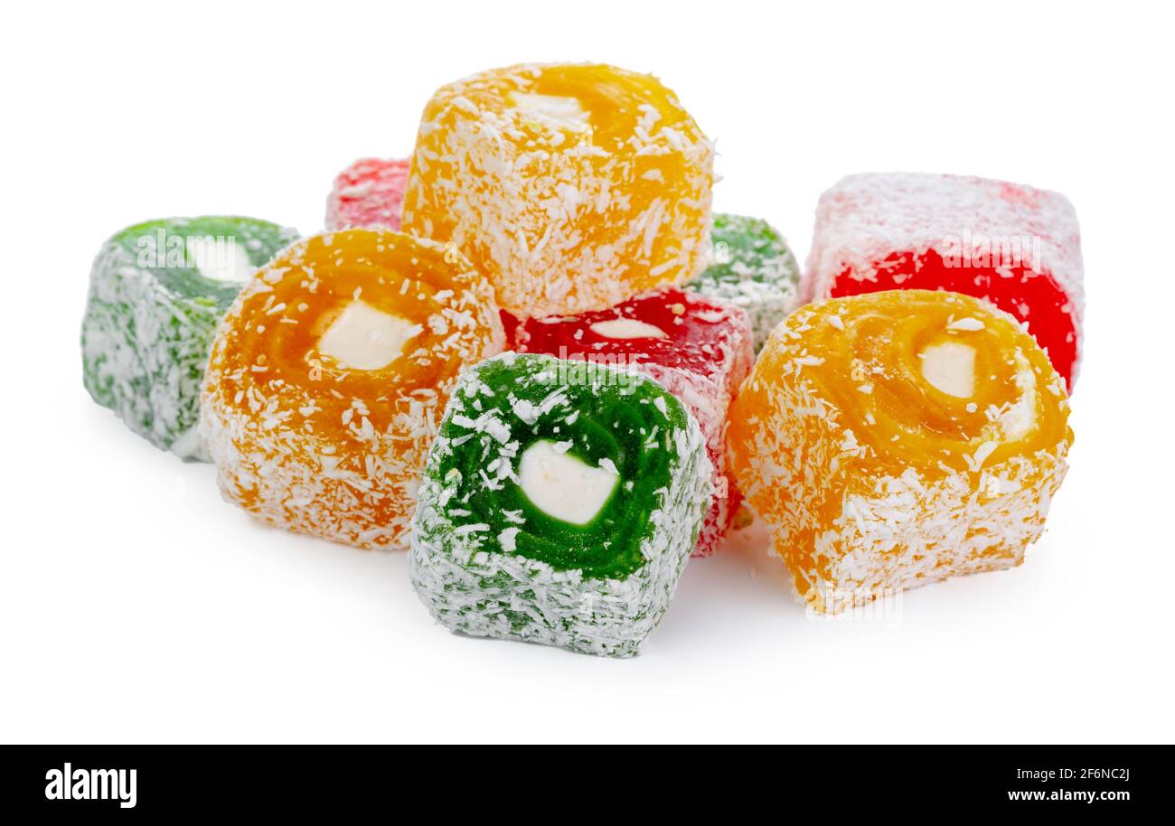 Bunch of colorful Turkish Delight sweets isolated on white Stock Photo ...