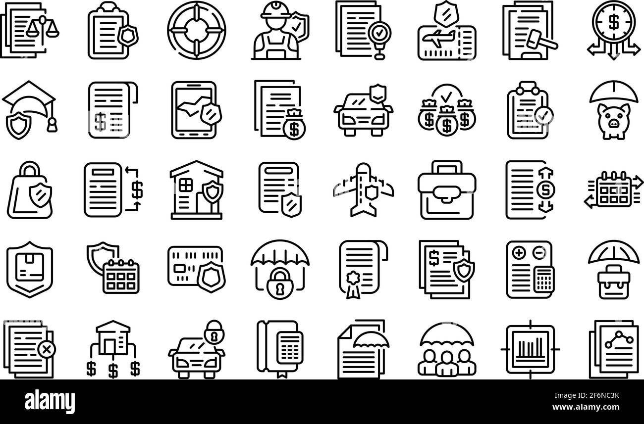 Liability icons set. Outline set of liability vector icons for web ...