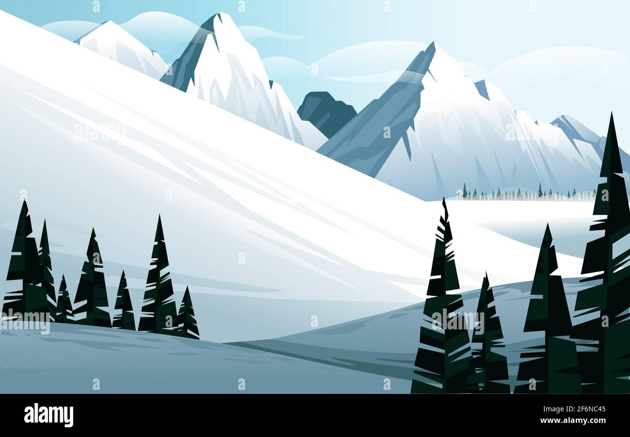 Horizontal winter mountain landscape with fir forest and show mountains ...