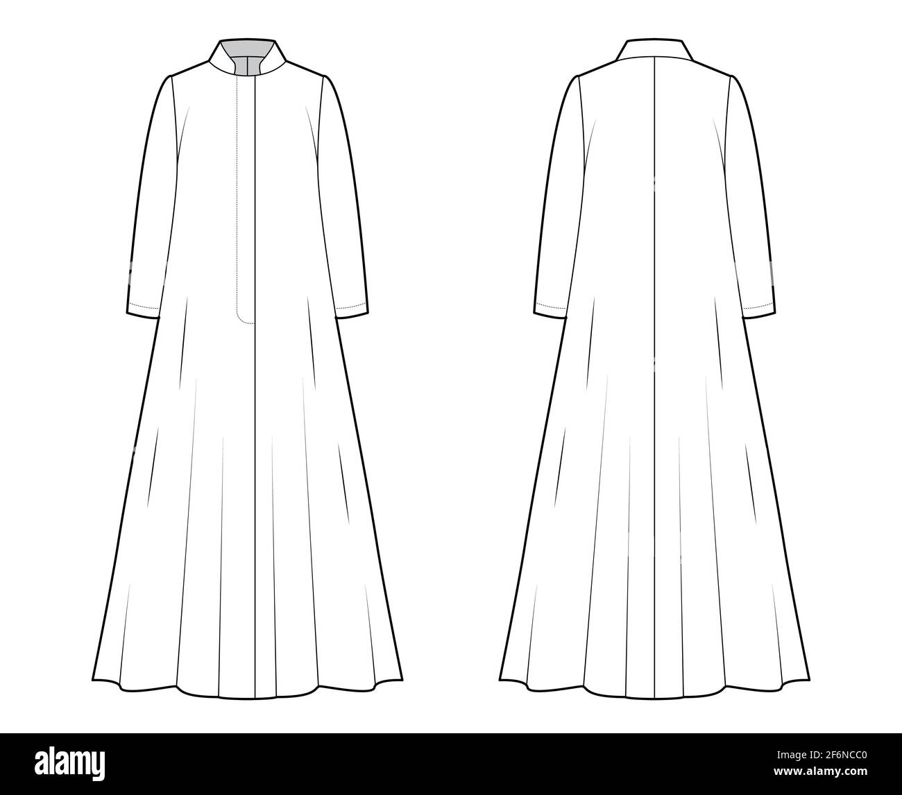 Opera coat technical fashion illustration with long sleeves, stand ...