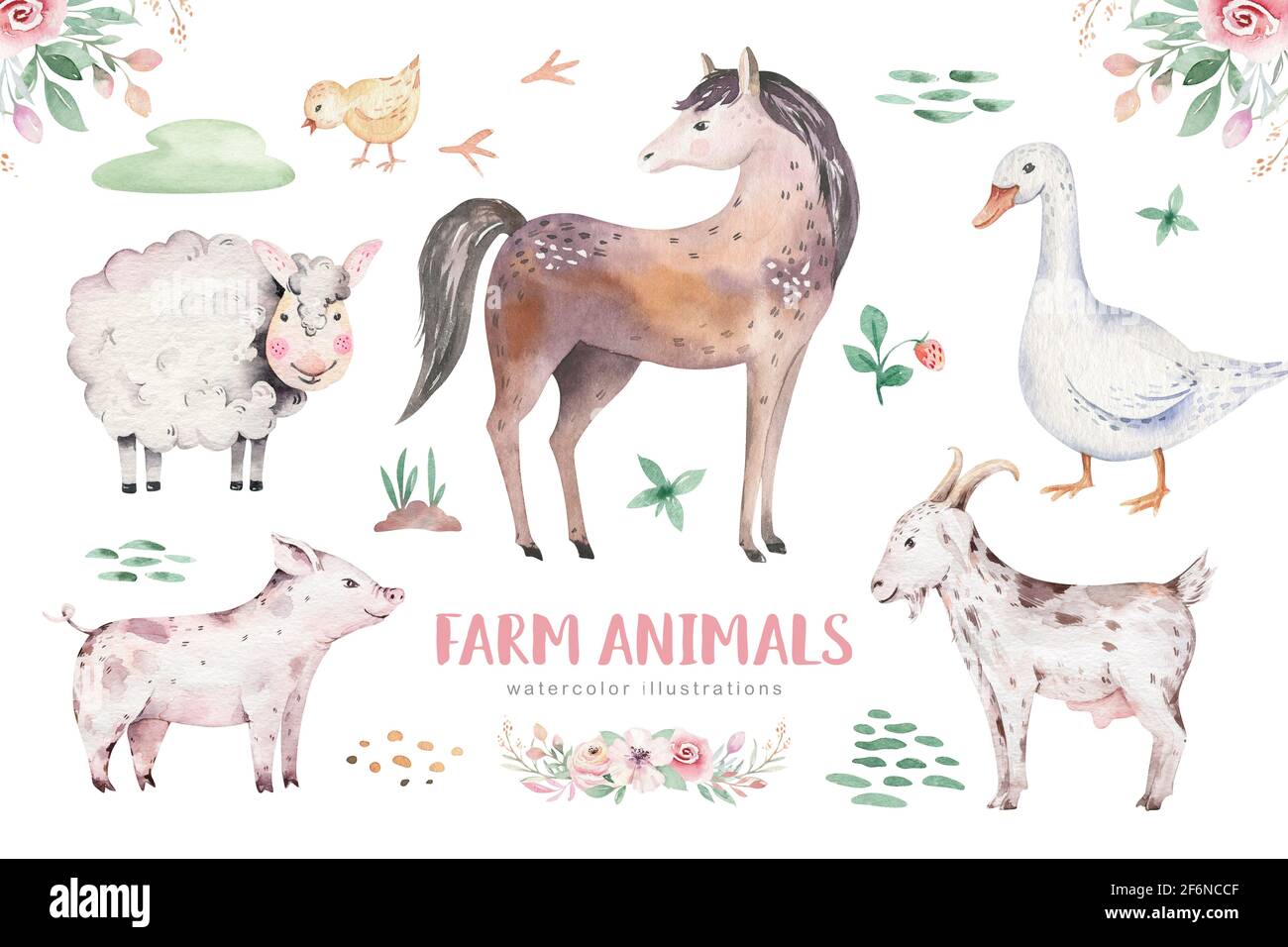 farms animal set. Cute domestic pets watercolor illustration. horse and ...