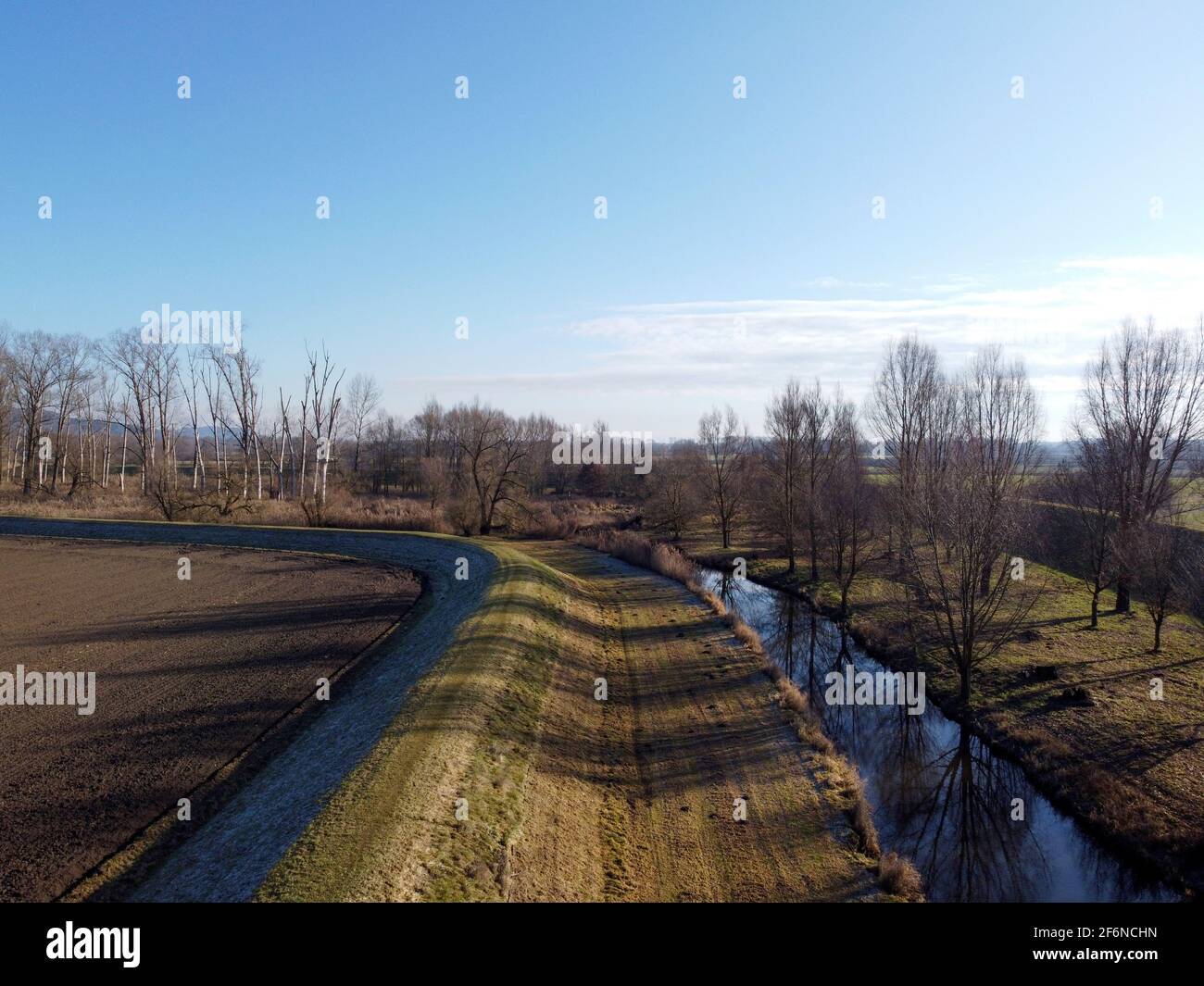 A brook river stream in Bavaria, aerial view photographed with a drone ...